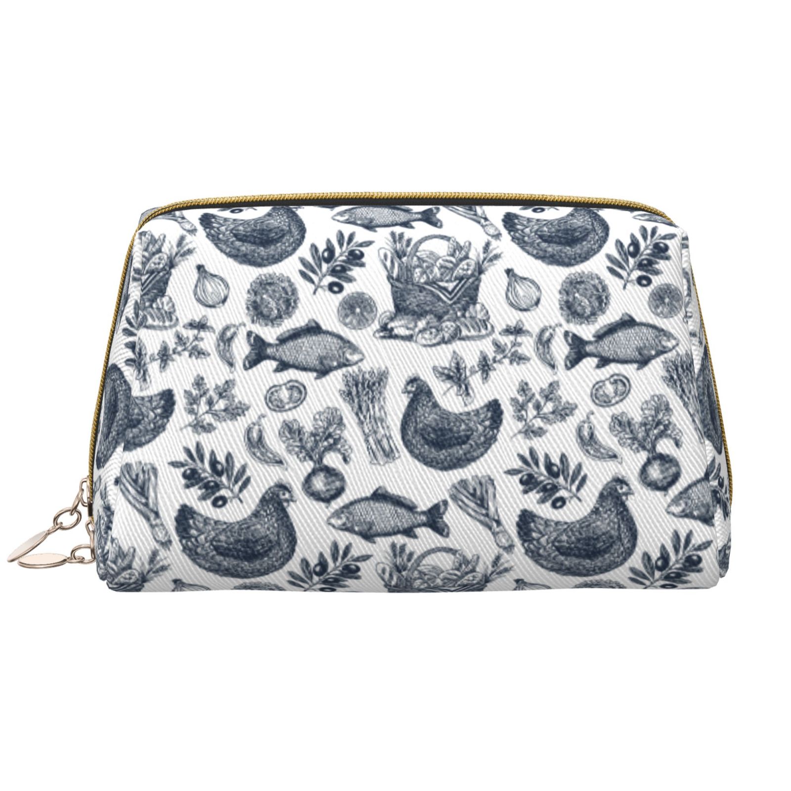 Sketch Chicken Fish Vegetable Makeup Bag, Leather Waterproof Travel ...