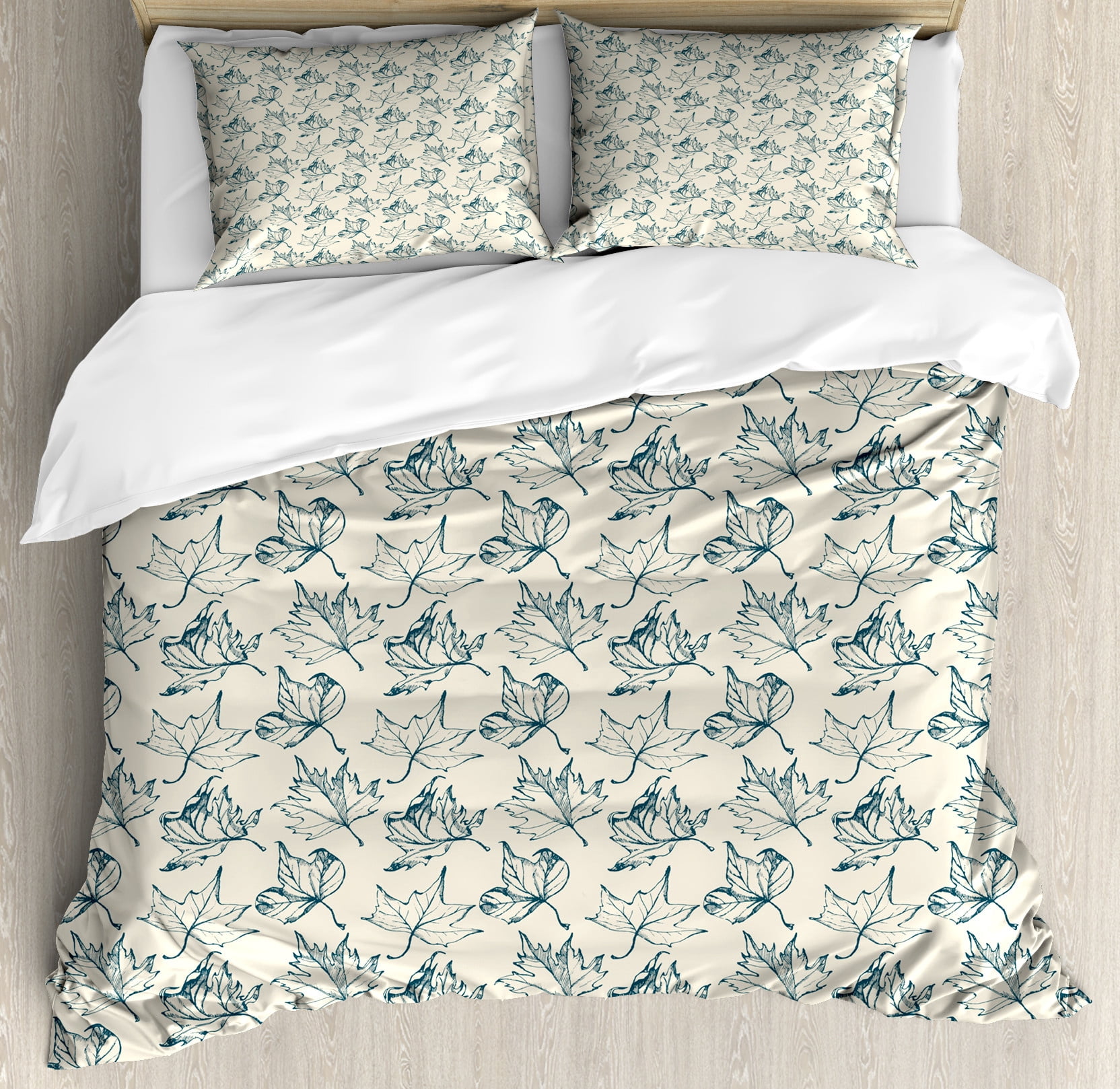 Sketch Duvet Cover Set, Leaf Silhouettes Doodle Style Scribbled Botany ...