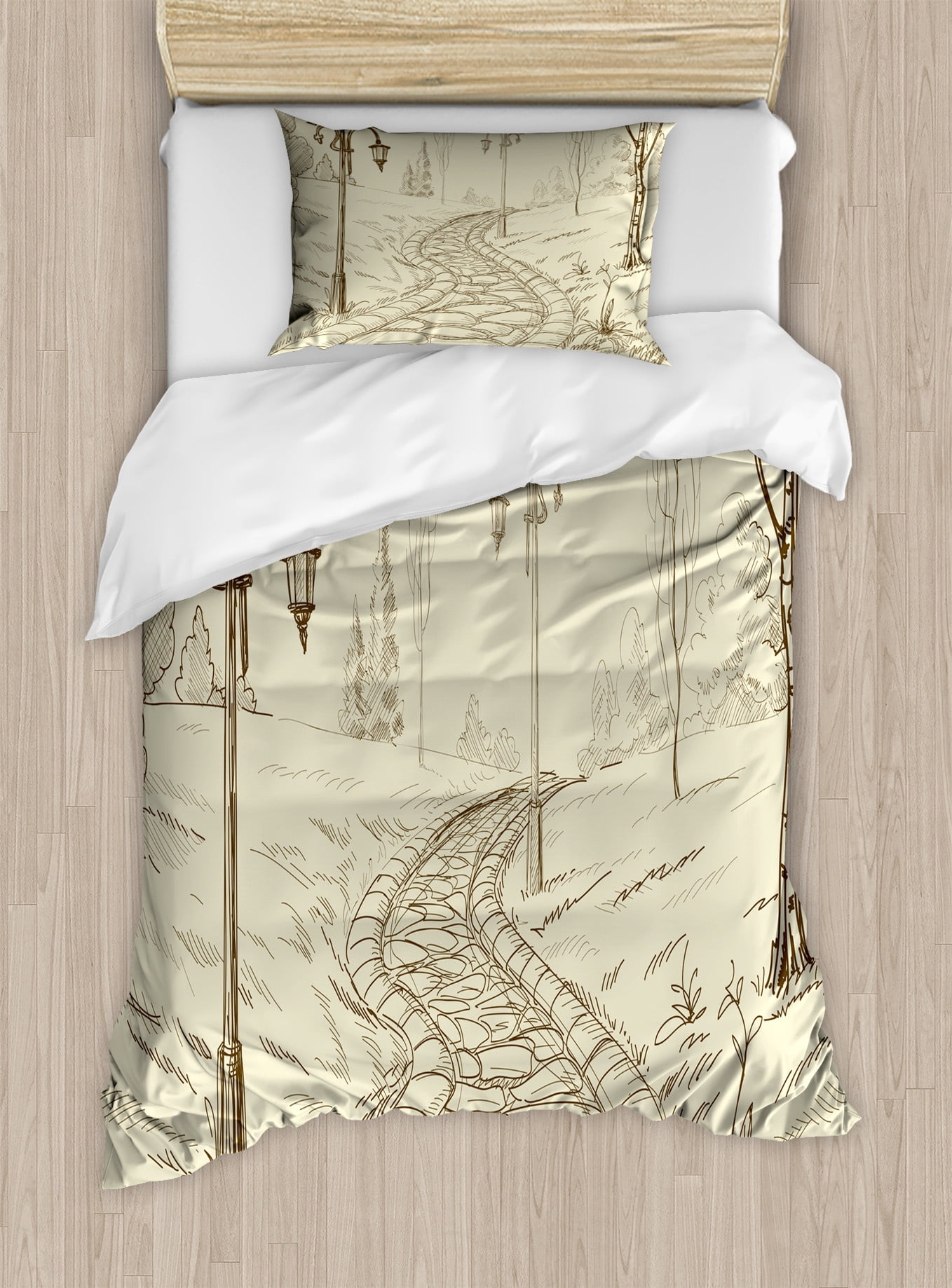 Sketch Duvet Cover Set, Park Alley with a Stone Road at Night Time ...
