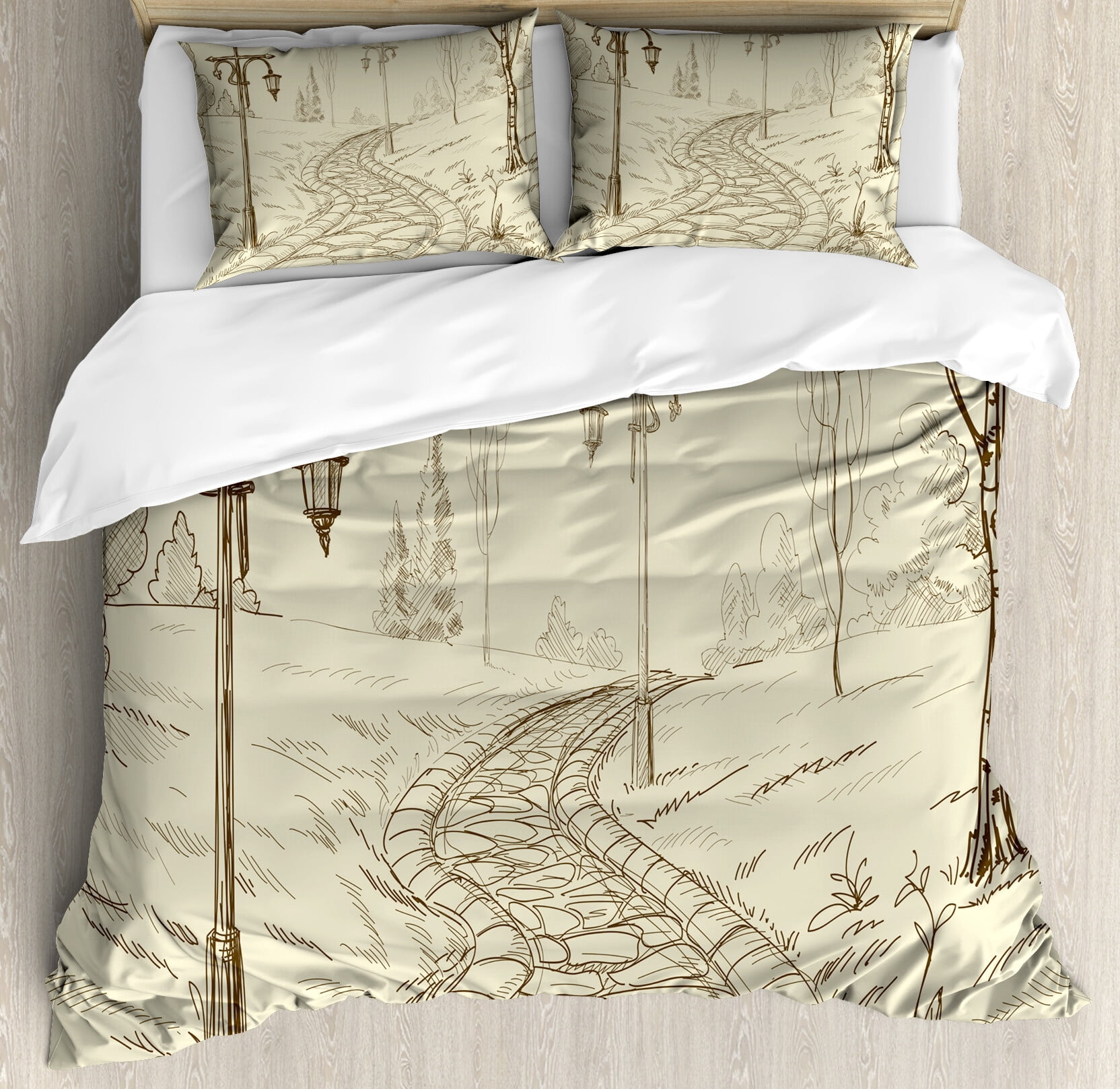 Sketch Duvet Cover Set, Park Alley with a Stone Road at Night Time ...