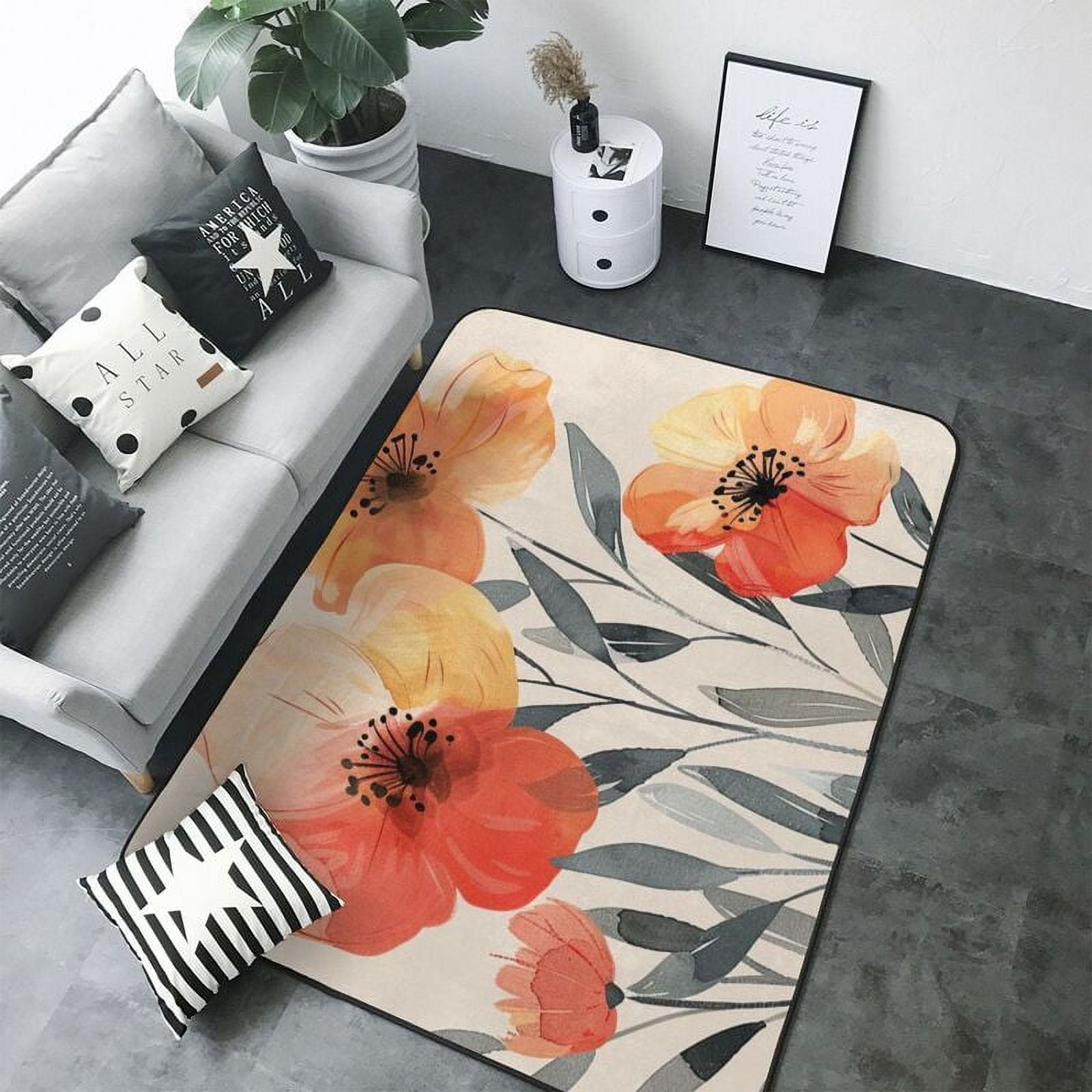 Sketch Flower Watercolor Print Washable Rugs Area Rugs for Living Room ...