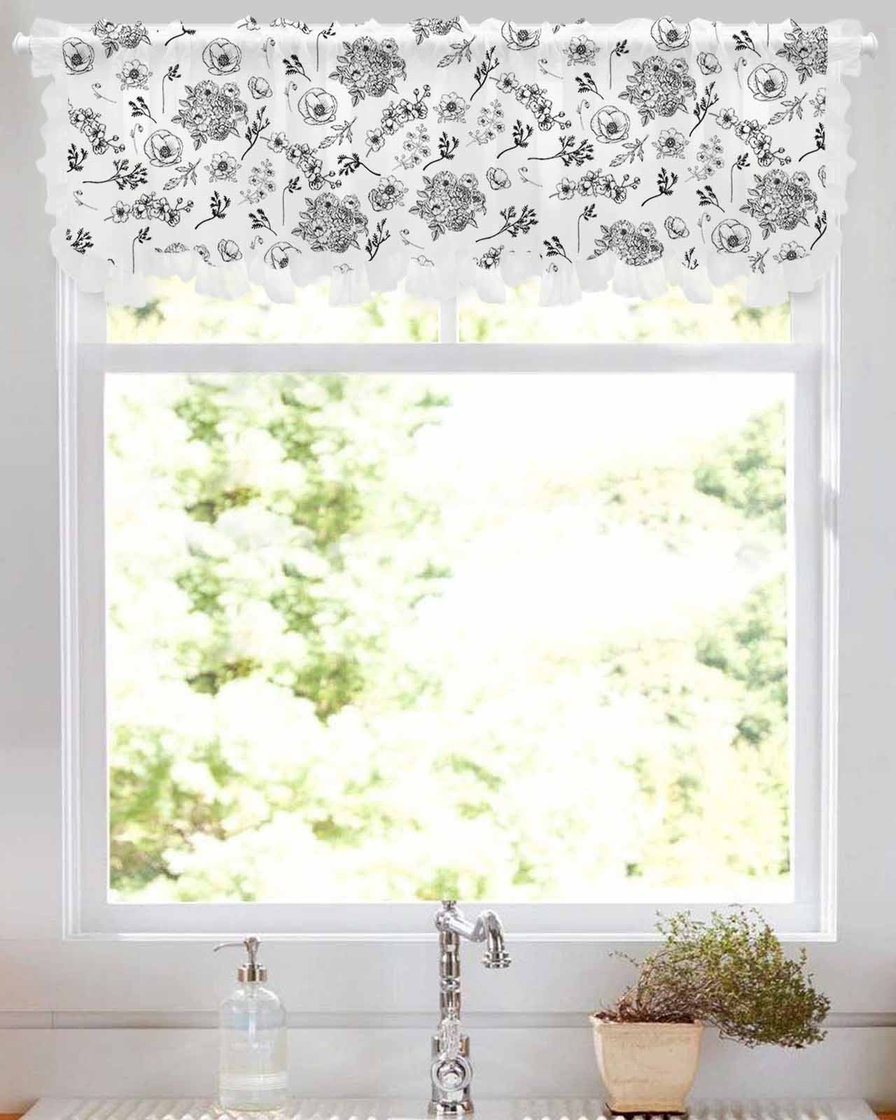 Sketch Flowers Leaves Retro Short Tulle Half Curtains for Living Room ...