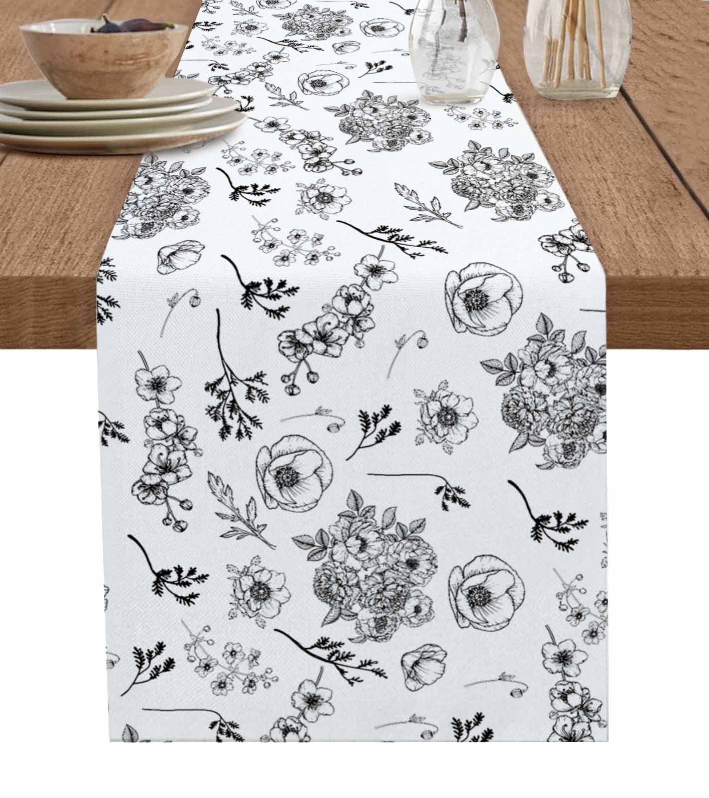 Sketch Flowers Leaves Retro Table Runner Cotton Linen Wedding Table r ...