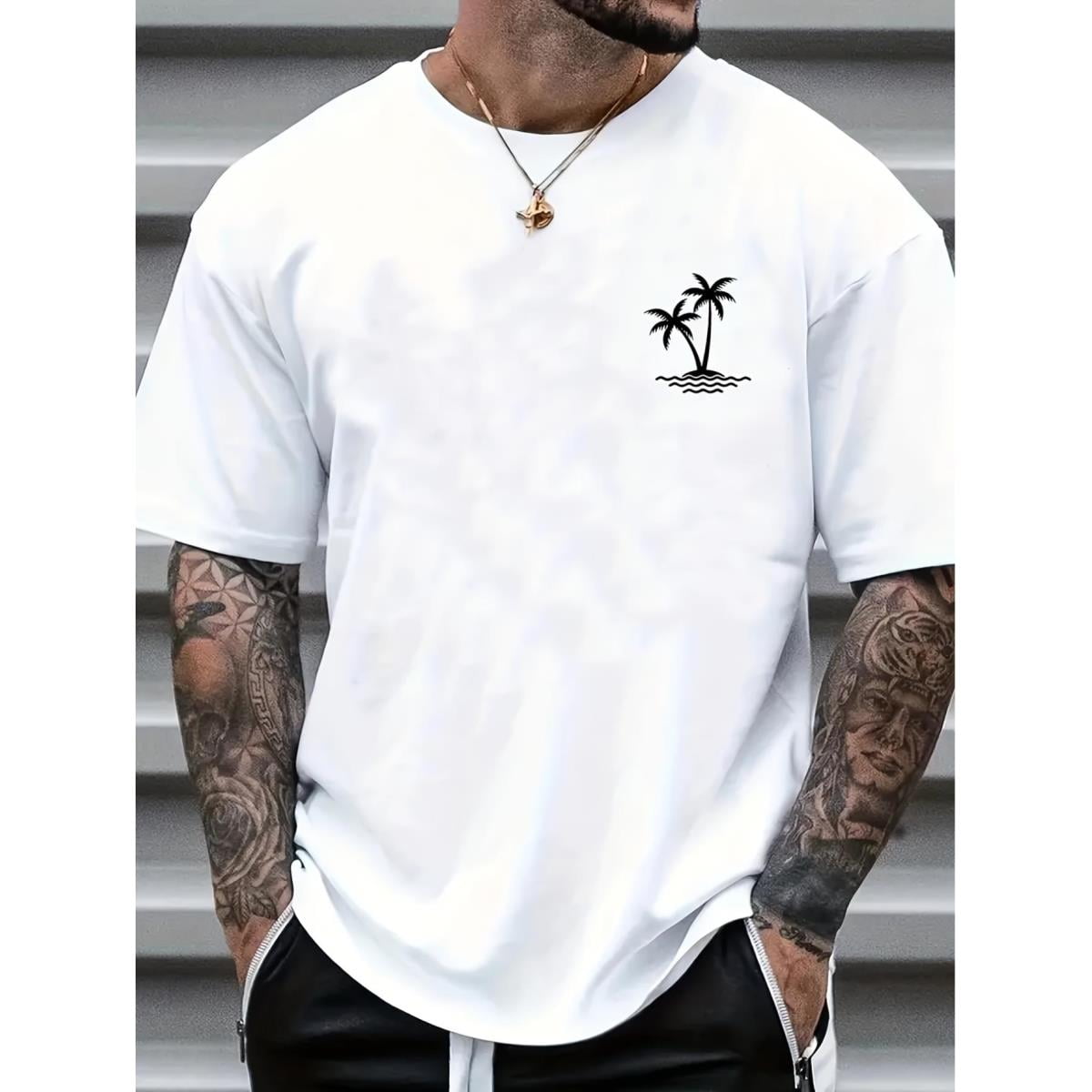 Sketch Style Palm Tree Pattern Top Casual Mid Stre - Men's Graphic tee ...