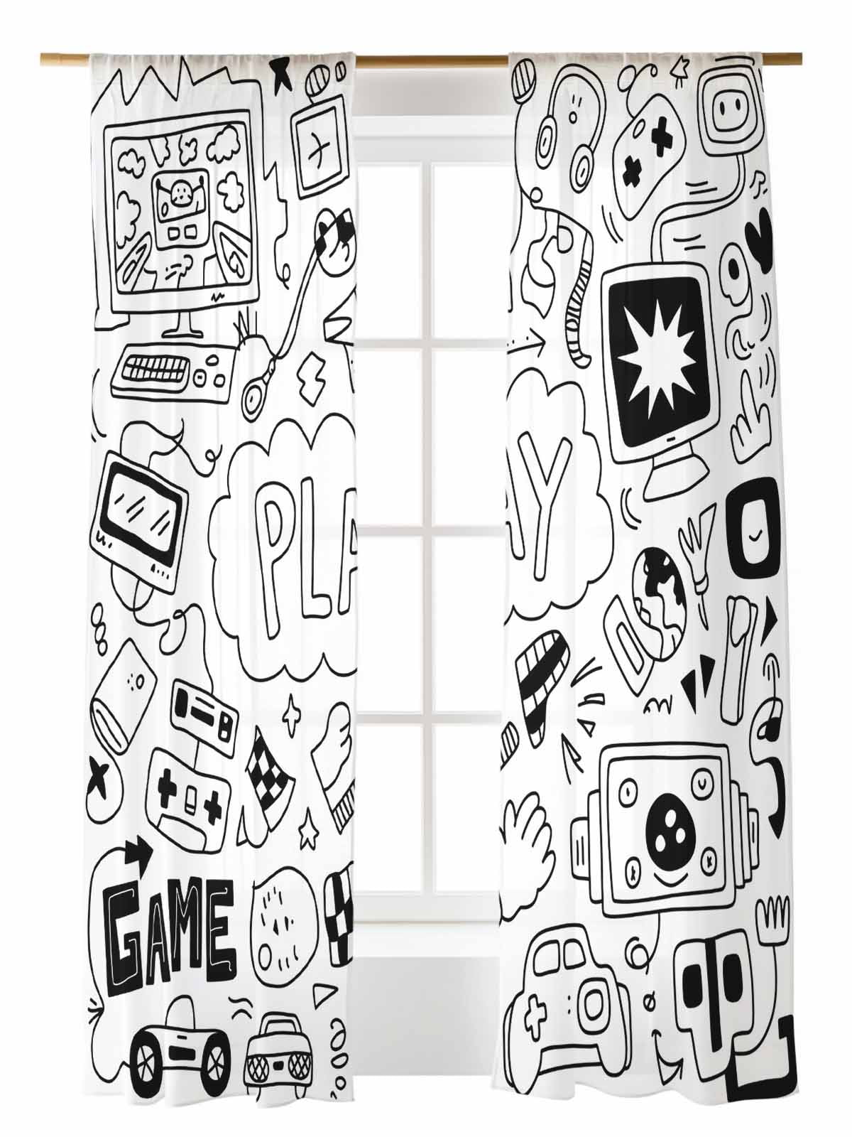 Sketch Style Sheer Curtains 2 Panels Set Simple Computer Game Console ...