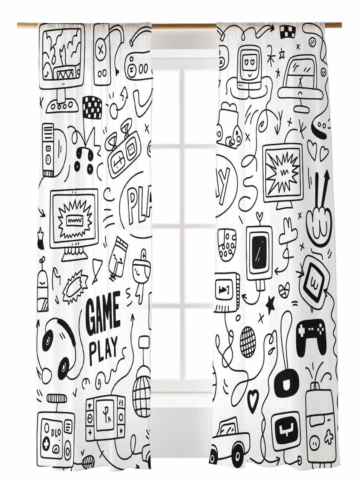Sketch Style Sheer Curtains 2 Panels Set Simple Computer Game Console ...