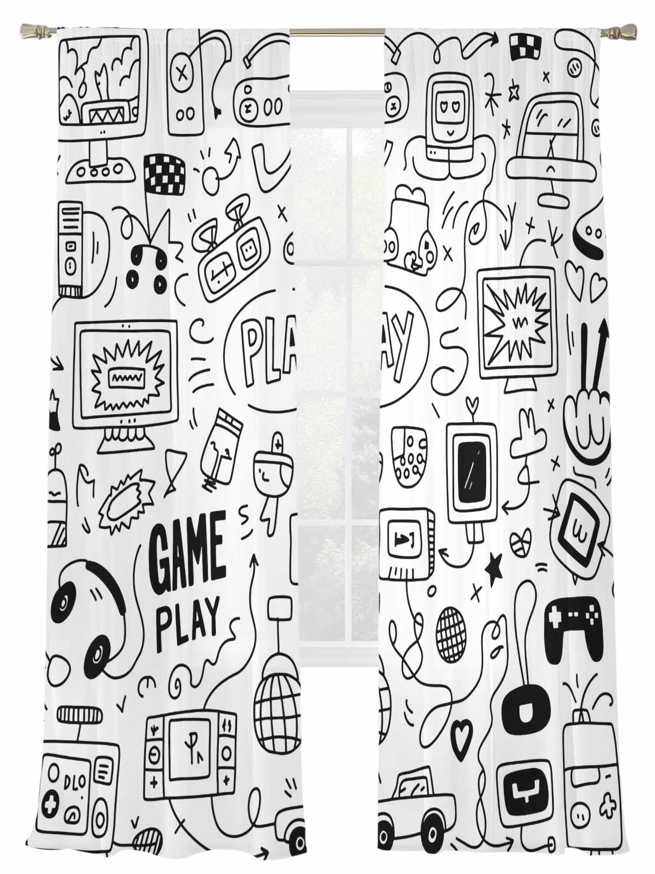 Sketch Style Sheer Curtains 84 Inch Long 2 Panels, Simple Computer Game ...