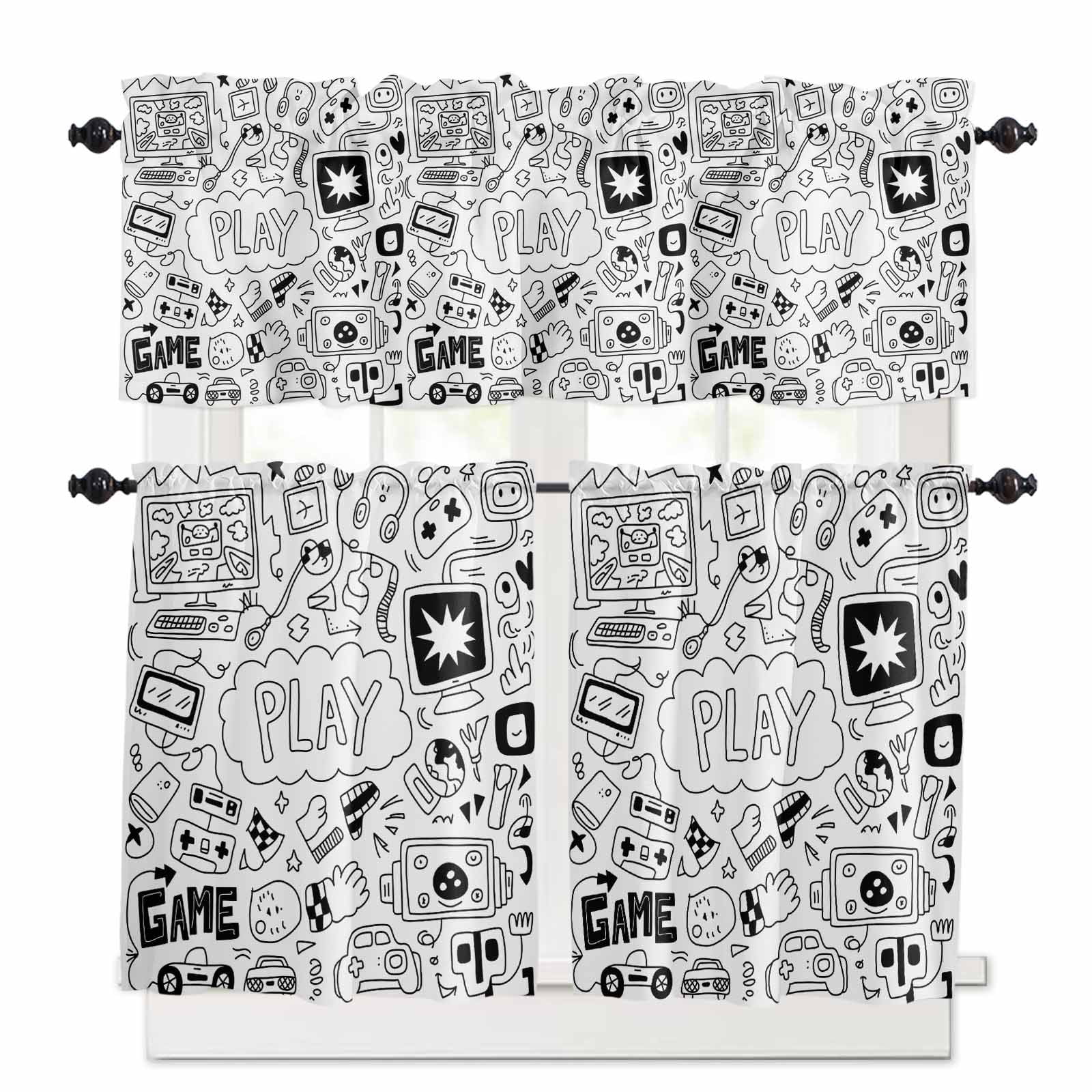 Sketch Style Window Curtains Valance Set of 3 Simple Computer Game ...