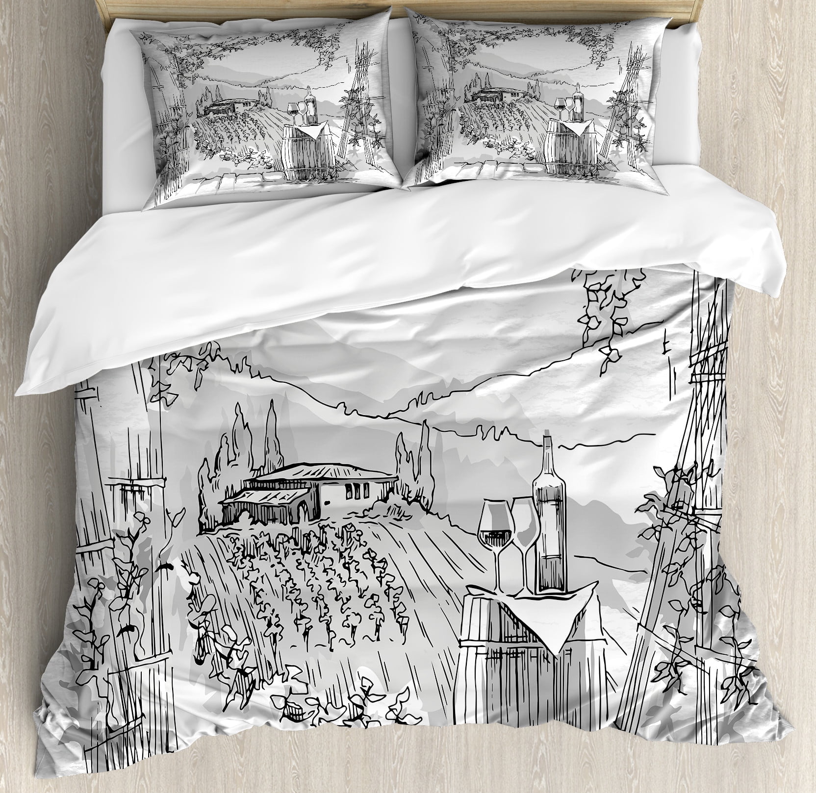 Sketchy Duvet Cover Set, Aerial View of Valley with House and Winery ...