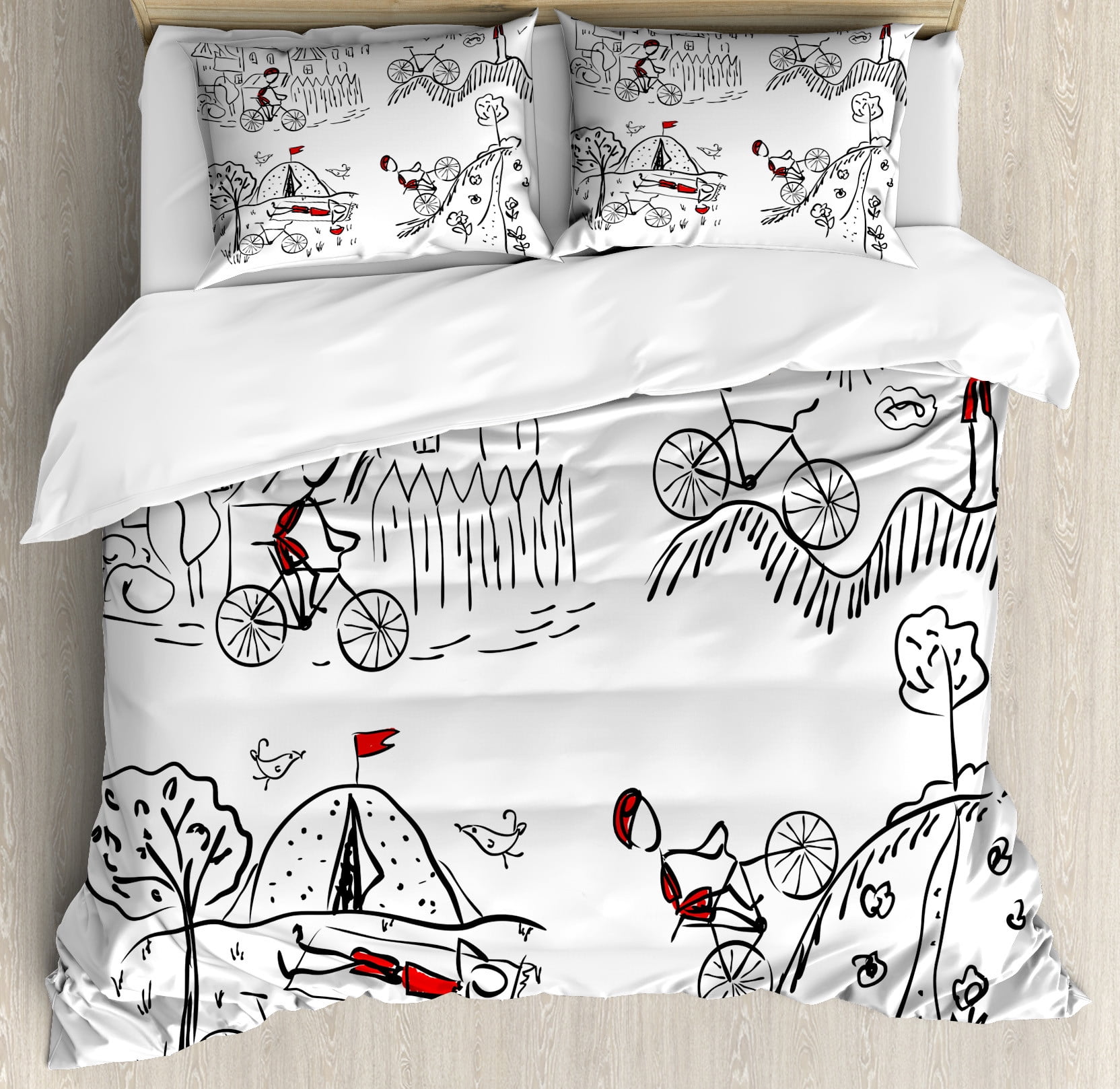 Sketchy Duvet Cover Set, Hand Drawn Doodle Style Cyclist Climbing to ...