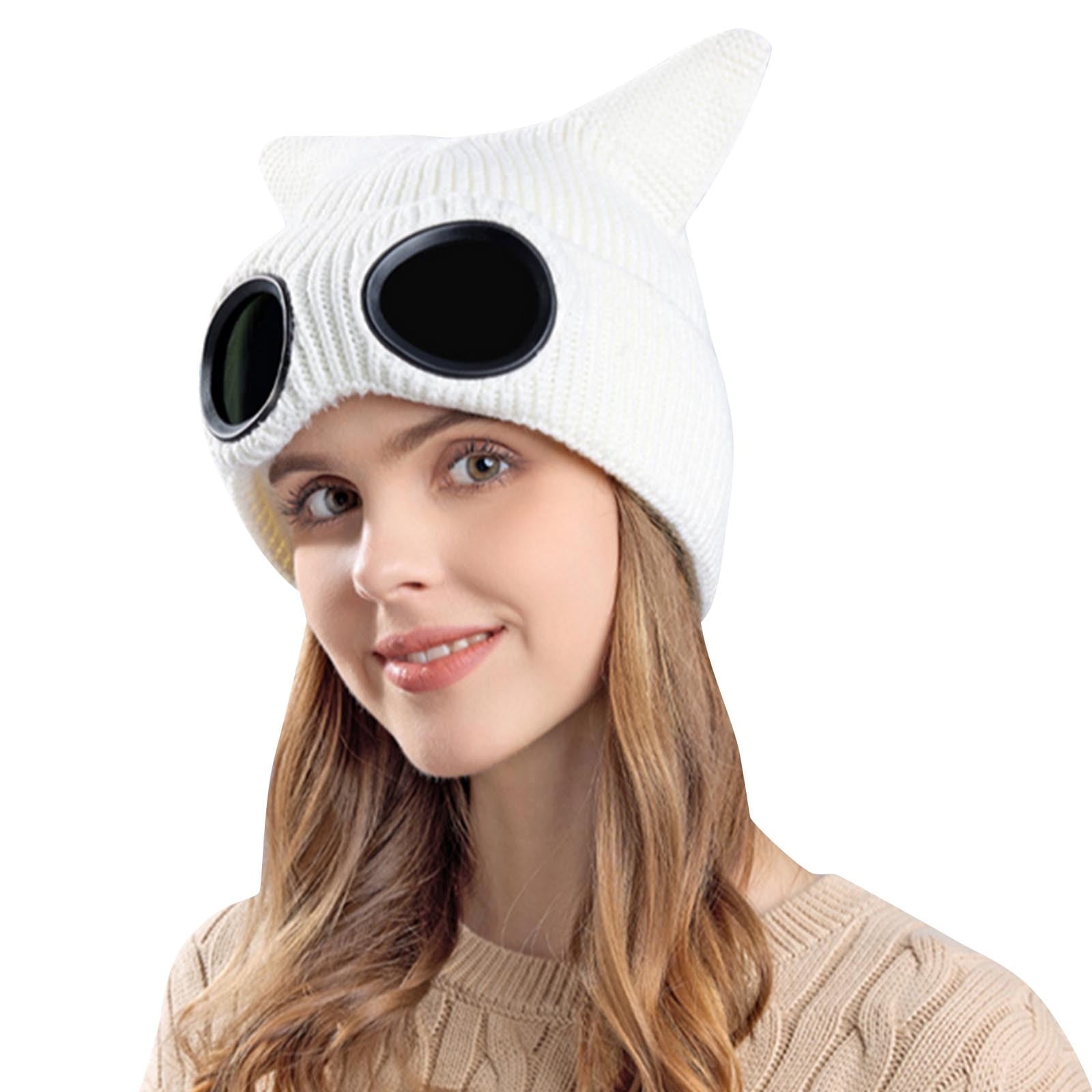 Ski Goggle Beanie Hat for Women Cat Ear Thick Fleece Lined Knit Skull ...