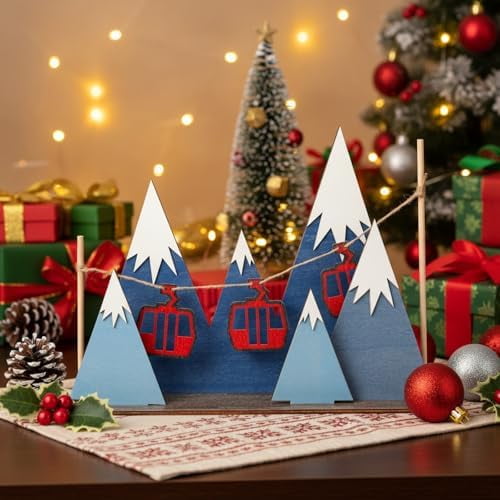 Ski Lift Scene Shelf for Christmas Wooden Snow Mountain Cable ...