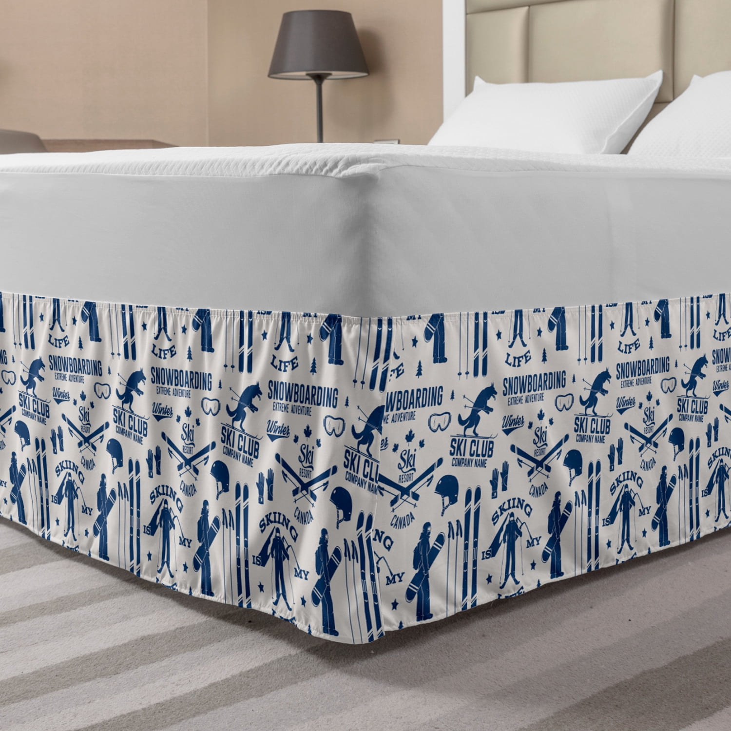 Ski Pattern Bed Skirt, Vintage Style Monochromatic Design of Skiing ...