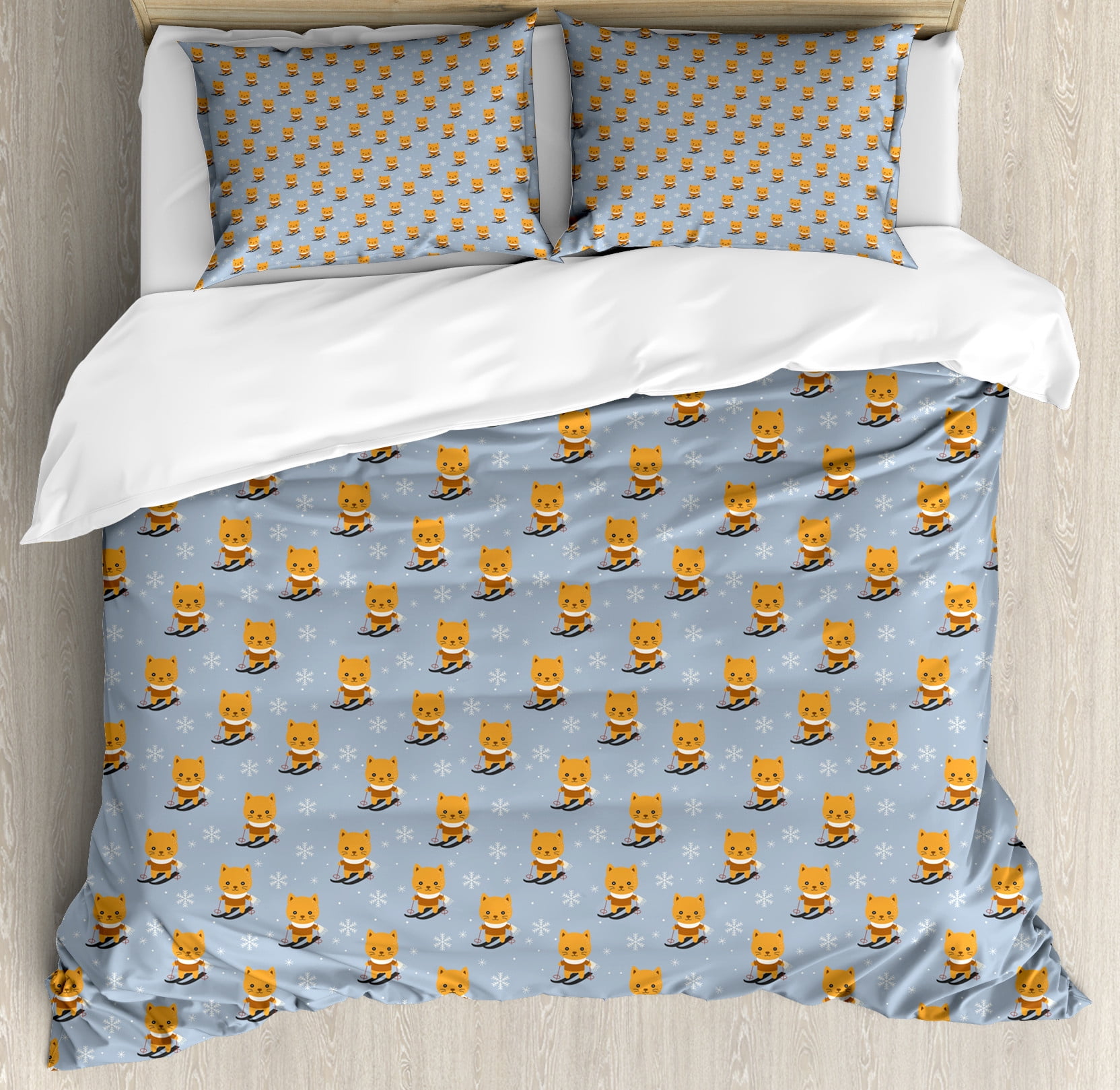 Ski Pattern Duvet Cover Set, Funny Cartoon of Skiing Little Cat and ...