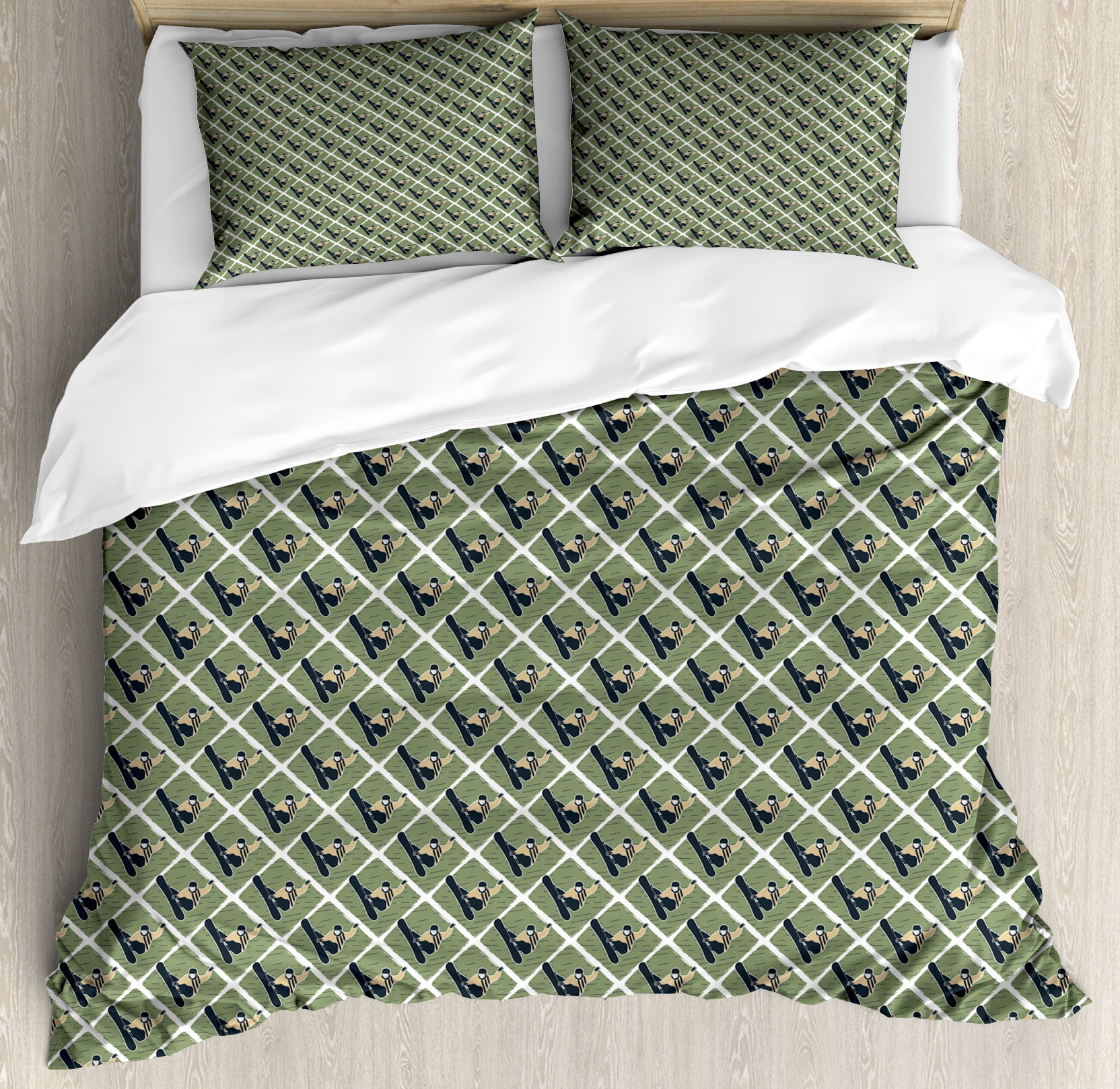 Ski Pattern Duvet Cover Set, Snowboard Man Jumping Pose on Diagonal ...