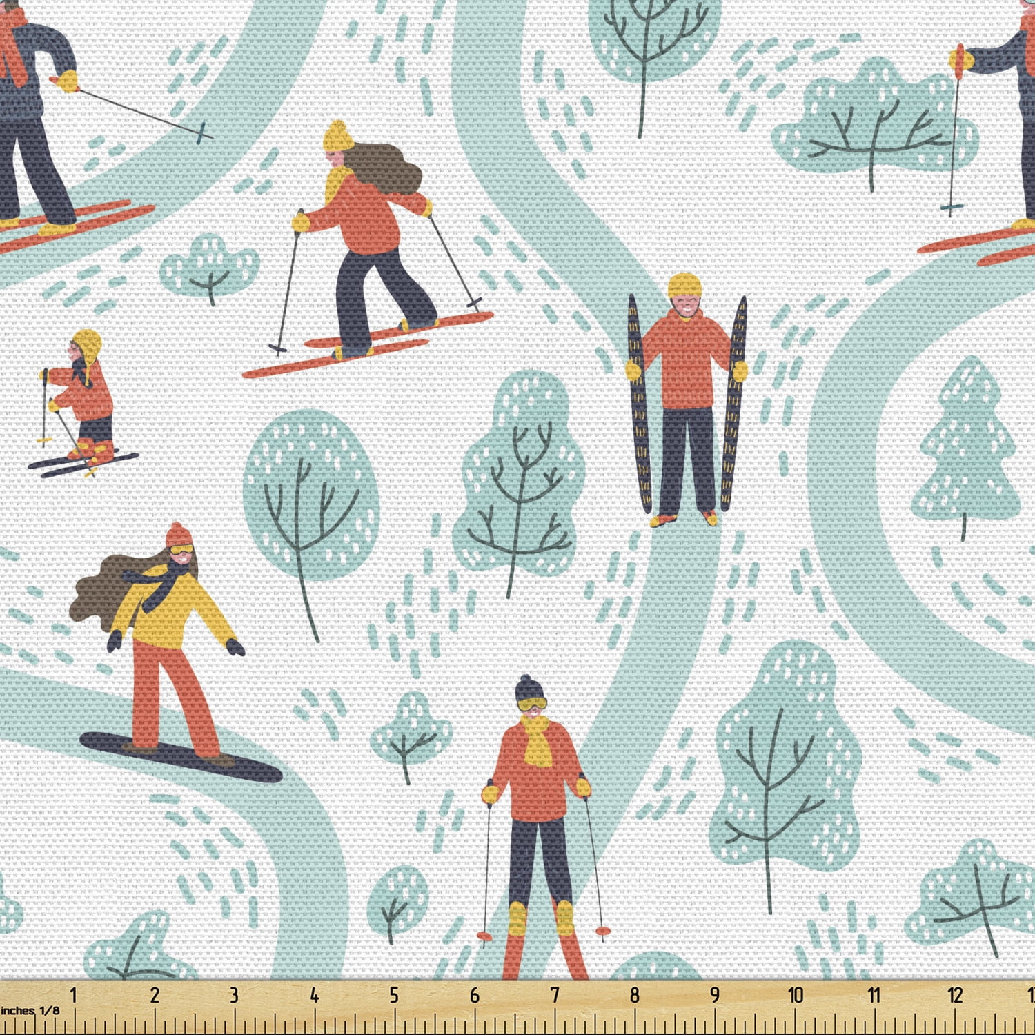 Ambesonne Ski Pattern Fabric by the Yard Upholstery, Skiing People on ...