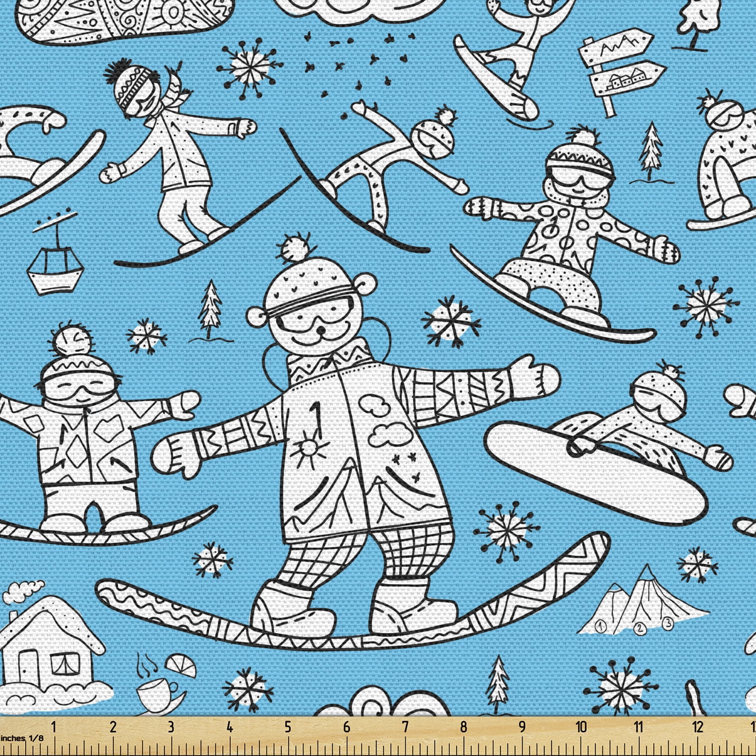 Ambesonne Ski Pattern Fabric by the Yard Upholstery, Winter Doodle ...