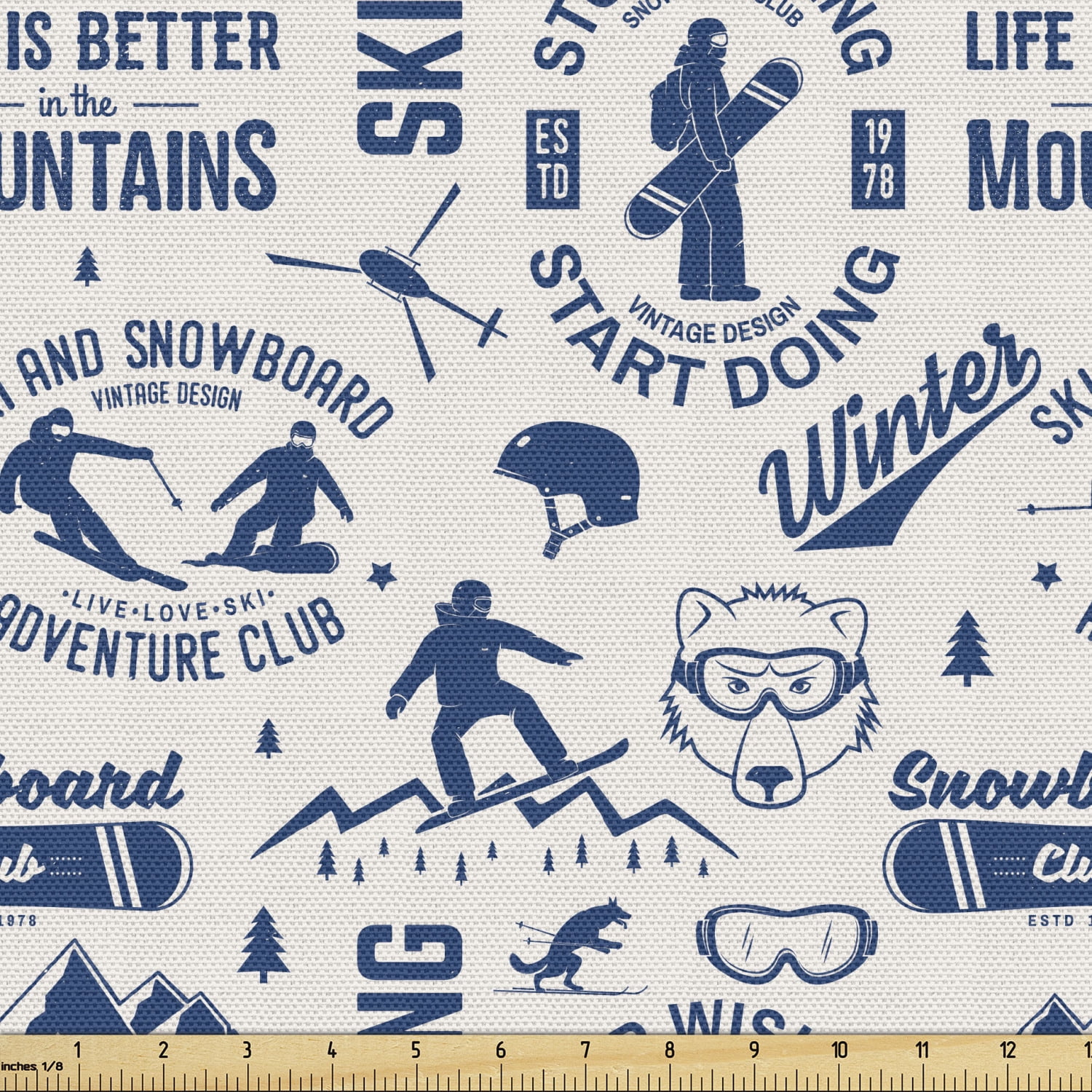 Ambesonne Ski Pattern Fabric by the Yard Upholstery, Snowboard Bear ...