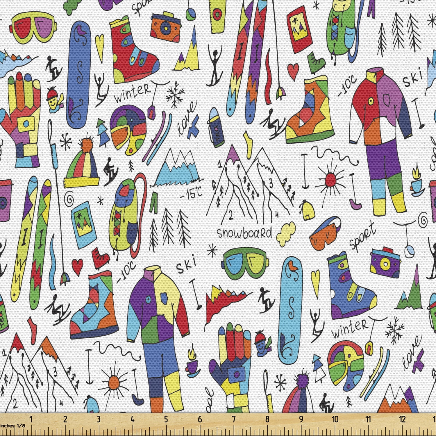 Ambesonne Ski Pattern Fabric by the Yard Upholstery, Colorful Winter ...