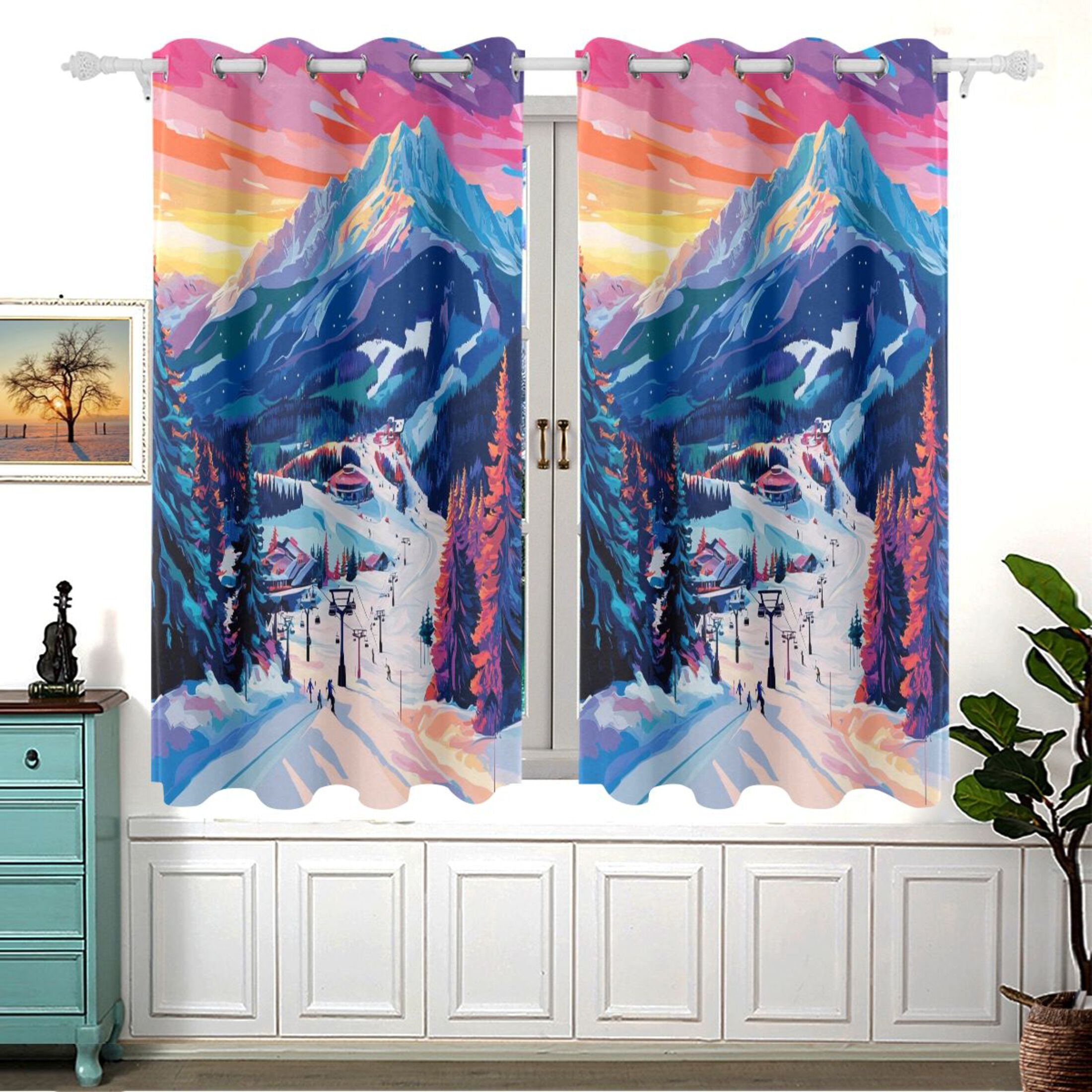 Ski Resort Trees Snow Ice Mountain Curtains Drapes with Grommets 2 ...