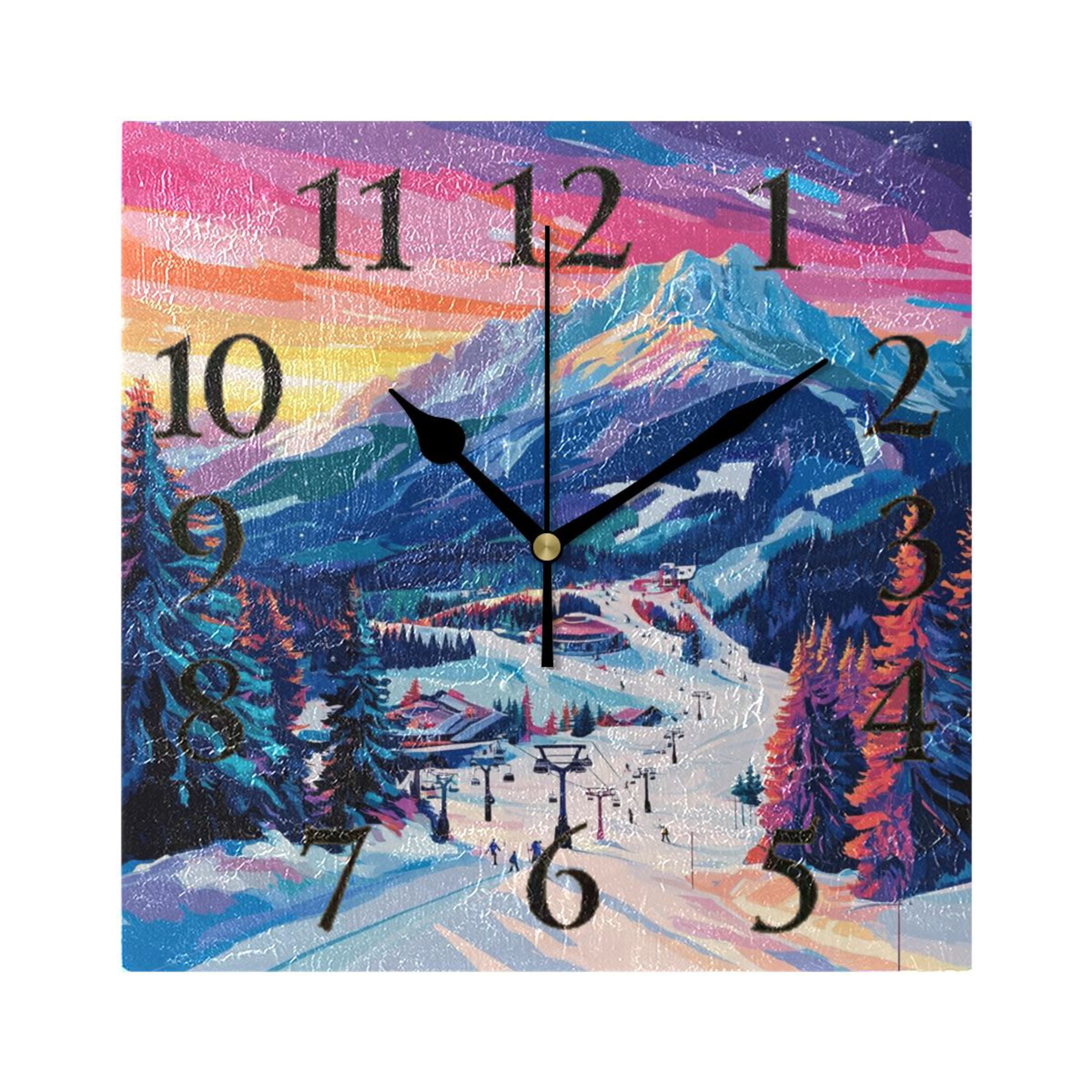 Ski Resort Trees Snow Ice Mountain Square Wall Clock Battery Operated ...
