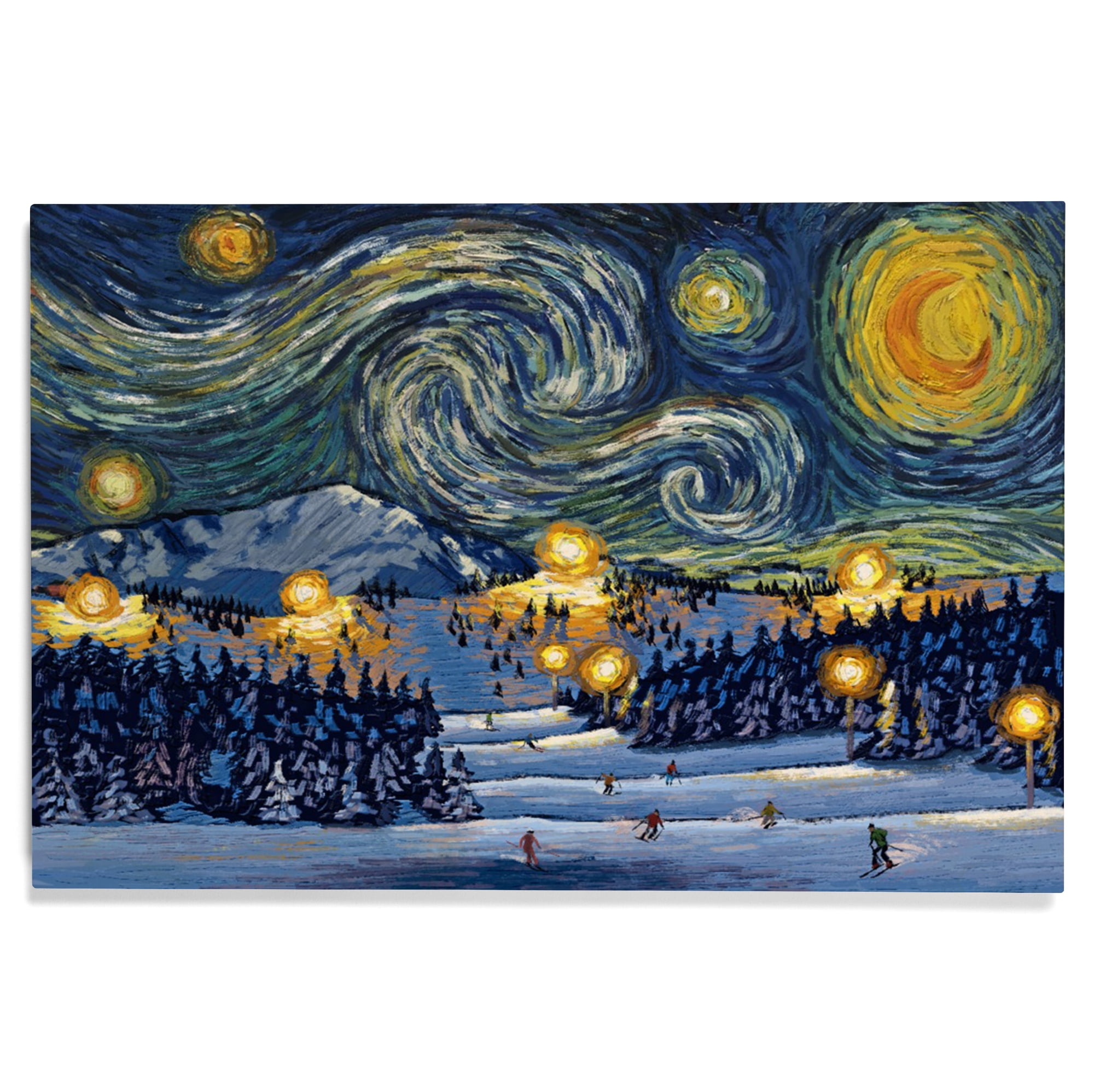 Ski Resort with Mountain, Starry Night Birch Wood Wall Sign (12x18 ...