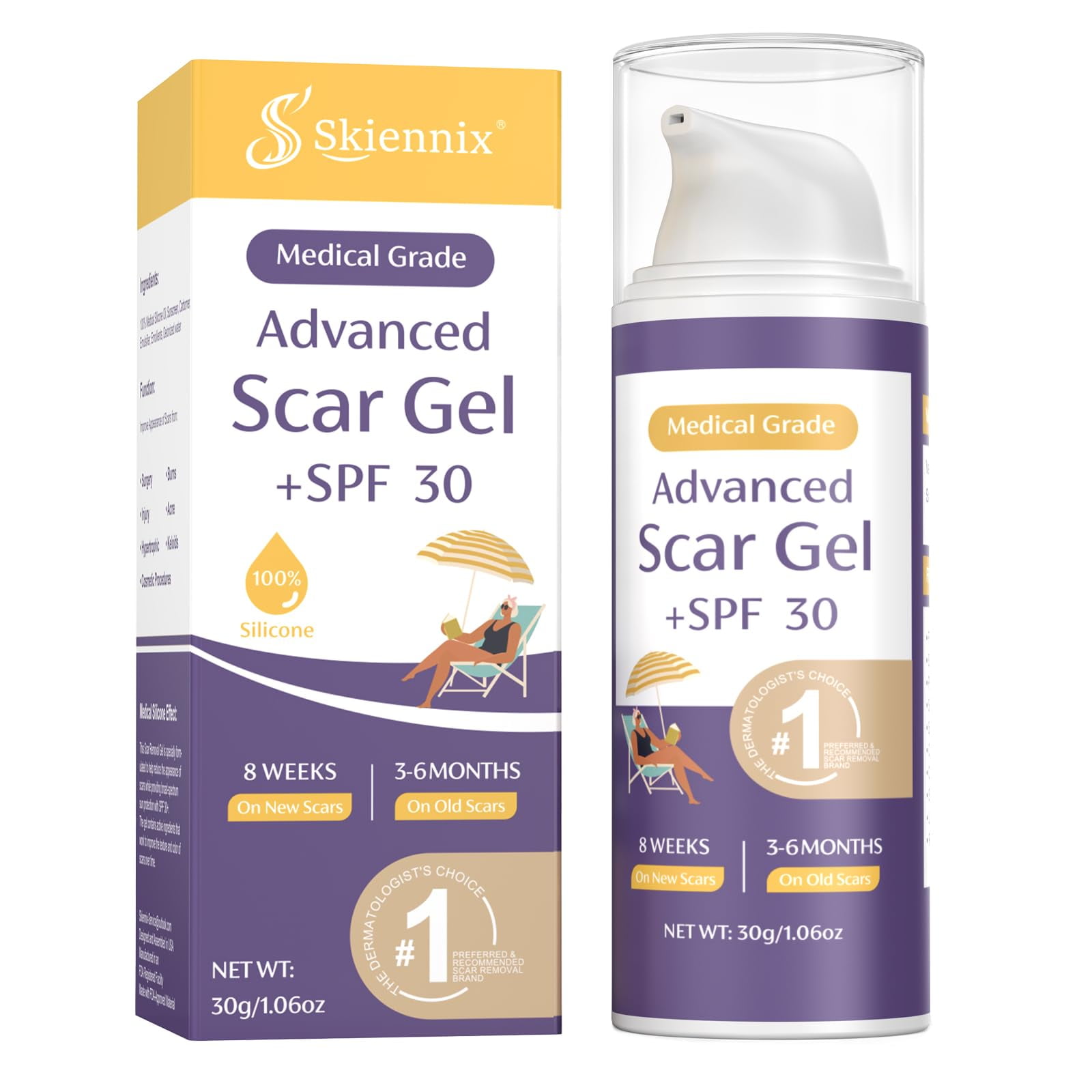 Skiennix Scar Cream with SBF3 SPF 30, Medical Grade Silicone Gel ...