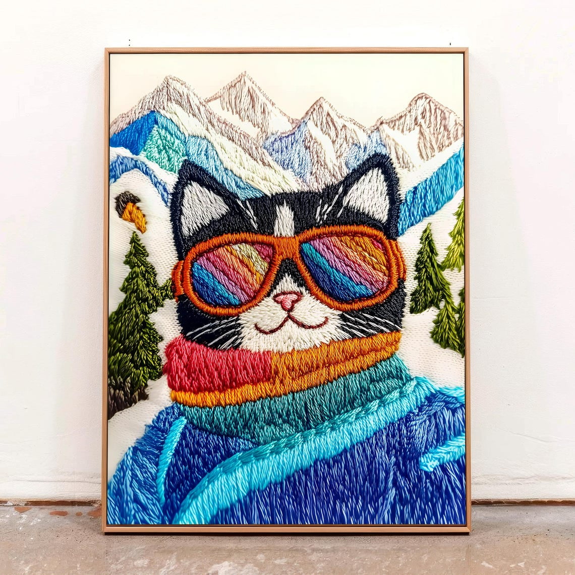 Skier Cat Print, Embroidery Art, Winter Cat Poster, Colorful Wall Art, Home Decor, Able, Wall ...