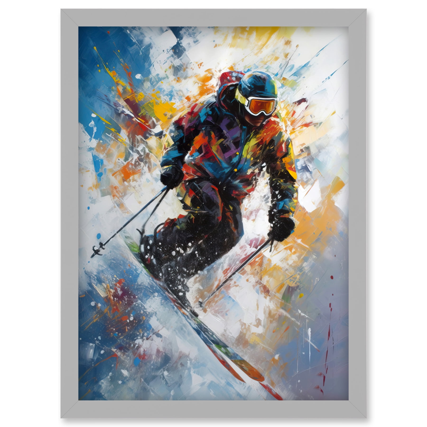 Skier Skiing Down Slope Vibrant Splat Art Painting Artwork Framed Wall ...