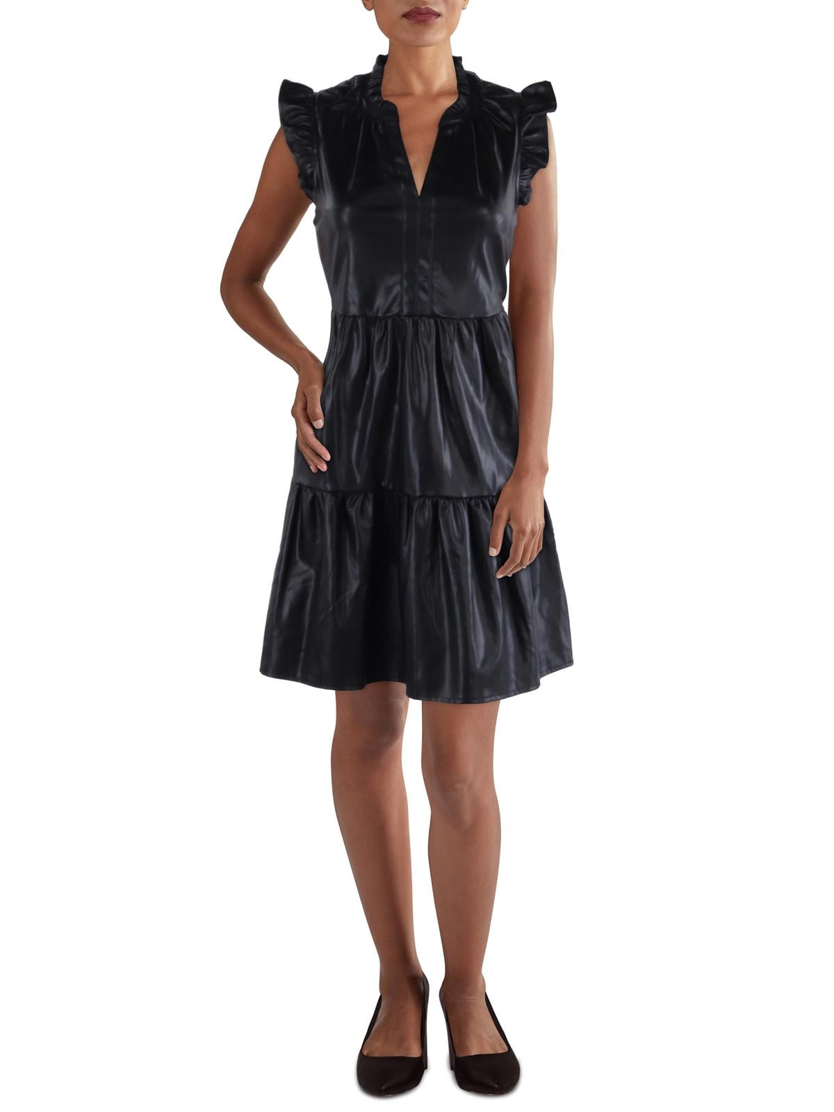 Skies Are Blue Womens Faux Leather Ruffled Fit & Flare Dress - Walmart.com