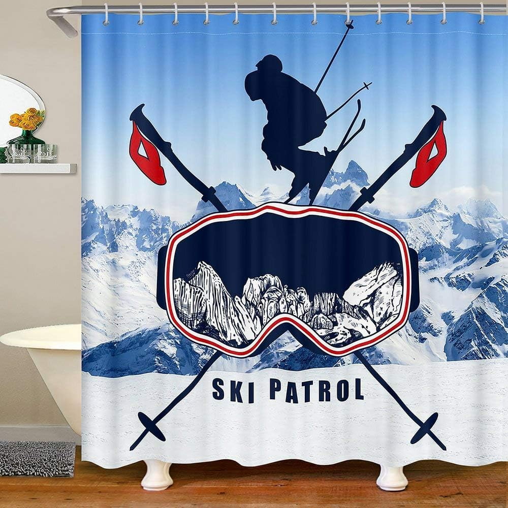Skiing Bath Curtain 72" W x 84" L, Winter Fashion Ski Sport Shower ...