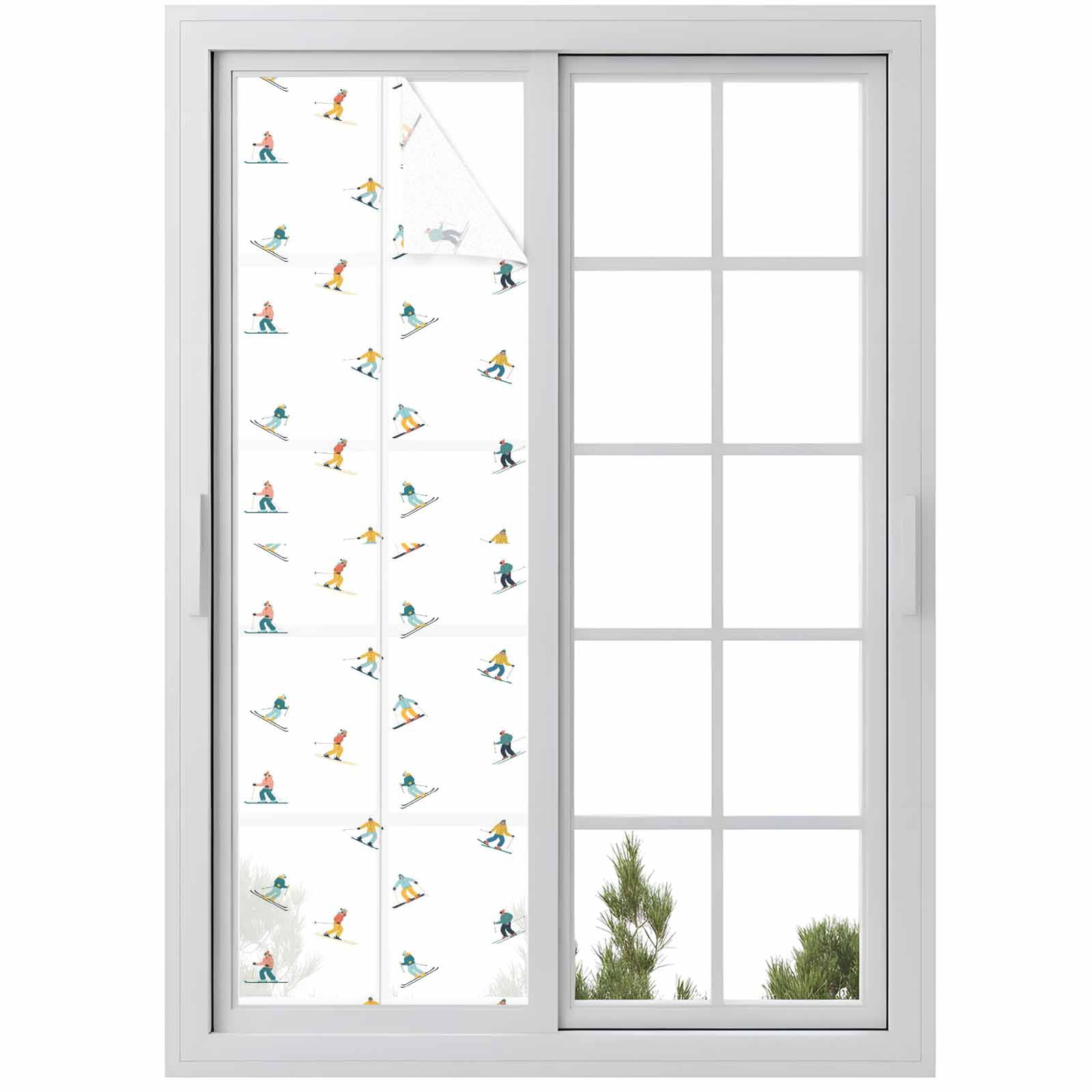 Skiing Window Privacy Film, Winter Snow Ski Sports Cartoon Boys Girls ...
