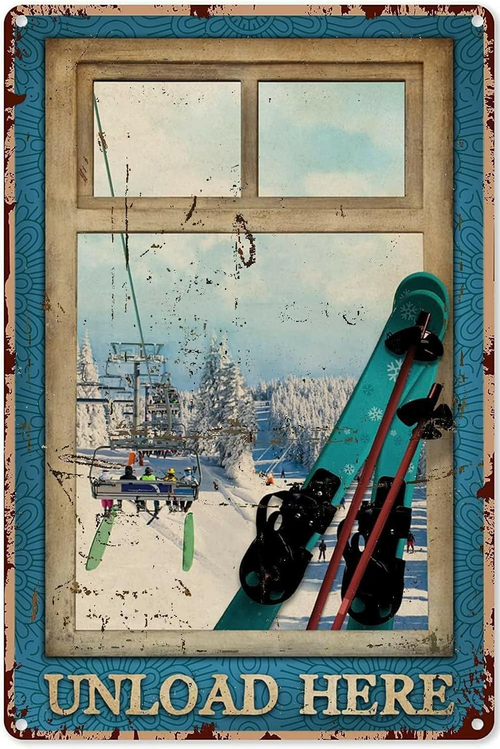Skiing Window Unload Here Creative Tin Sign Funny Novelty Metal Sign ...