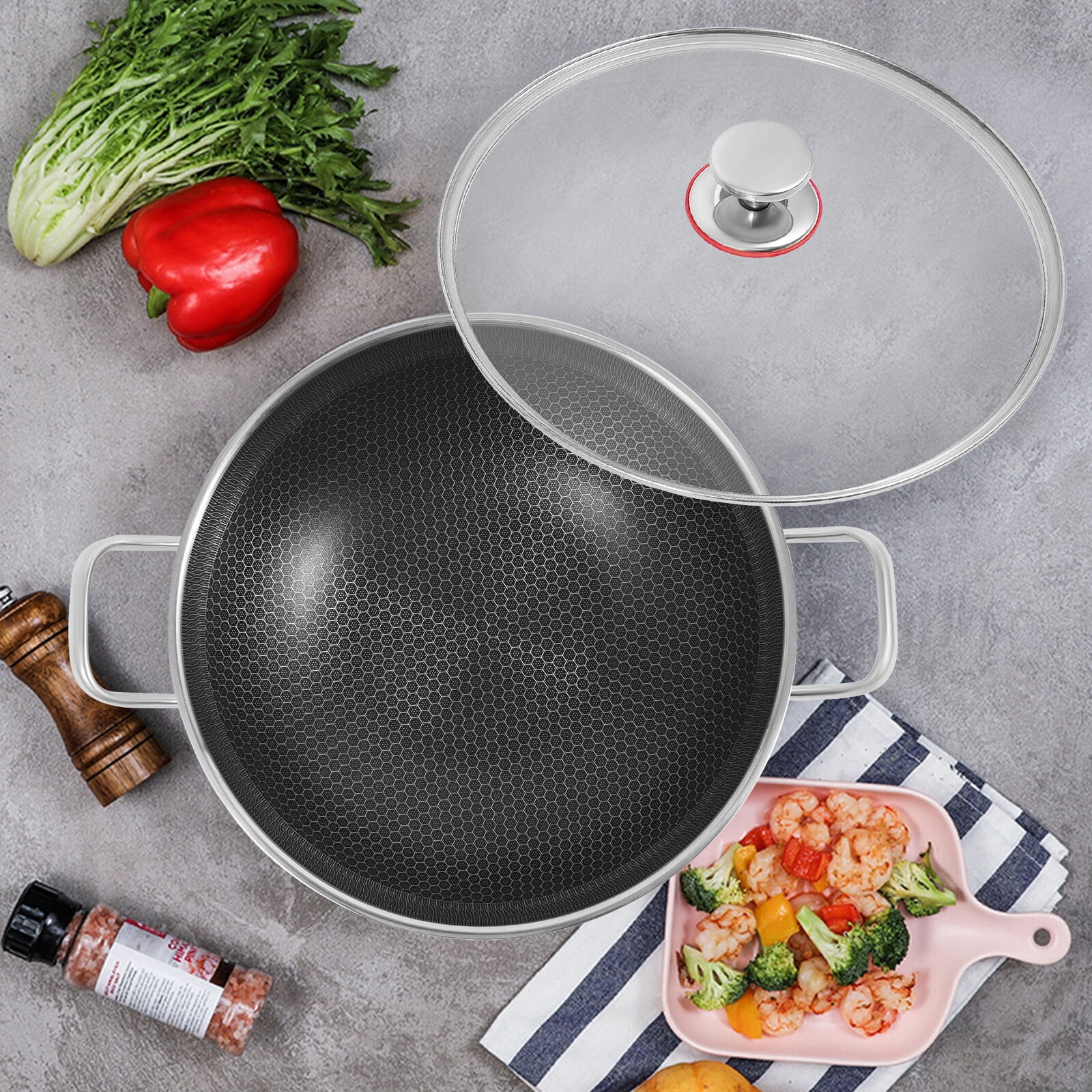 14 Inch Non-Stick Stainless Steel Skillet - With Lid, Multi-Use Paella ...