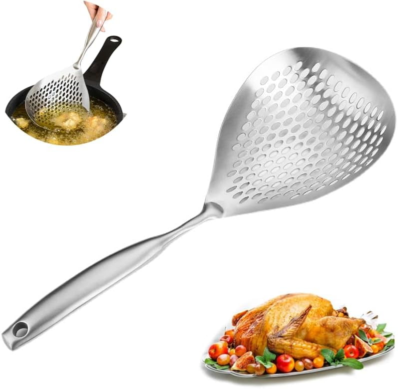 Skimmer Slotted Spoon, Spider Strainer Ladle with Big Draining Holes ...