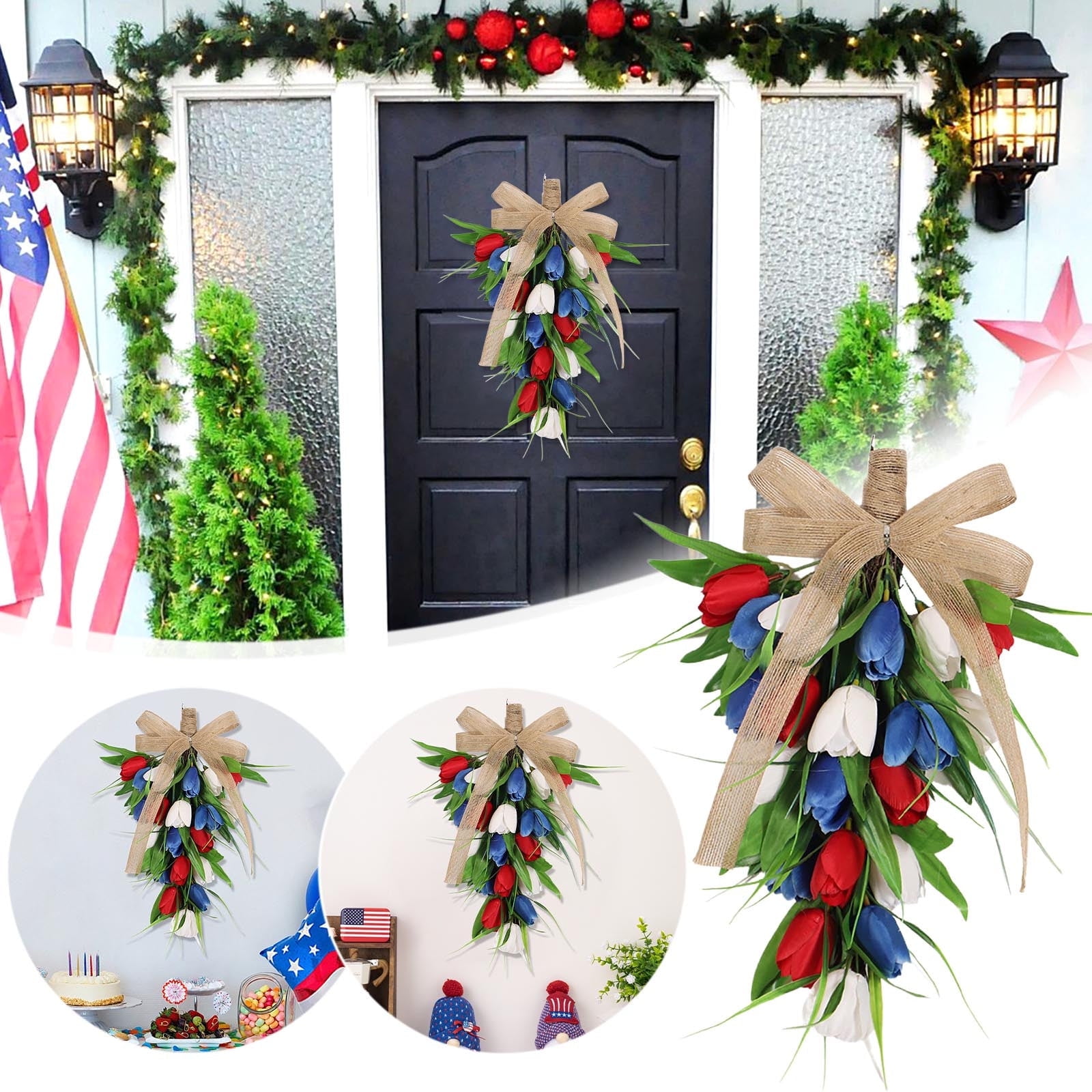 Skimskl Independence Day Wreath, Patriotic Red White Blue Tulip Decor ...