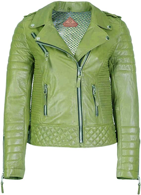 SkinOutfit Women Motorcycle Leather Jacket Genuine Lambskin Café Racer ...