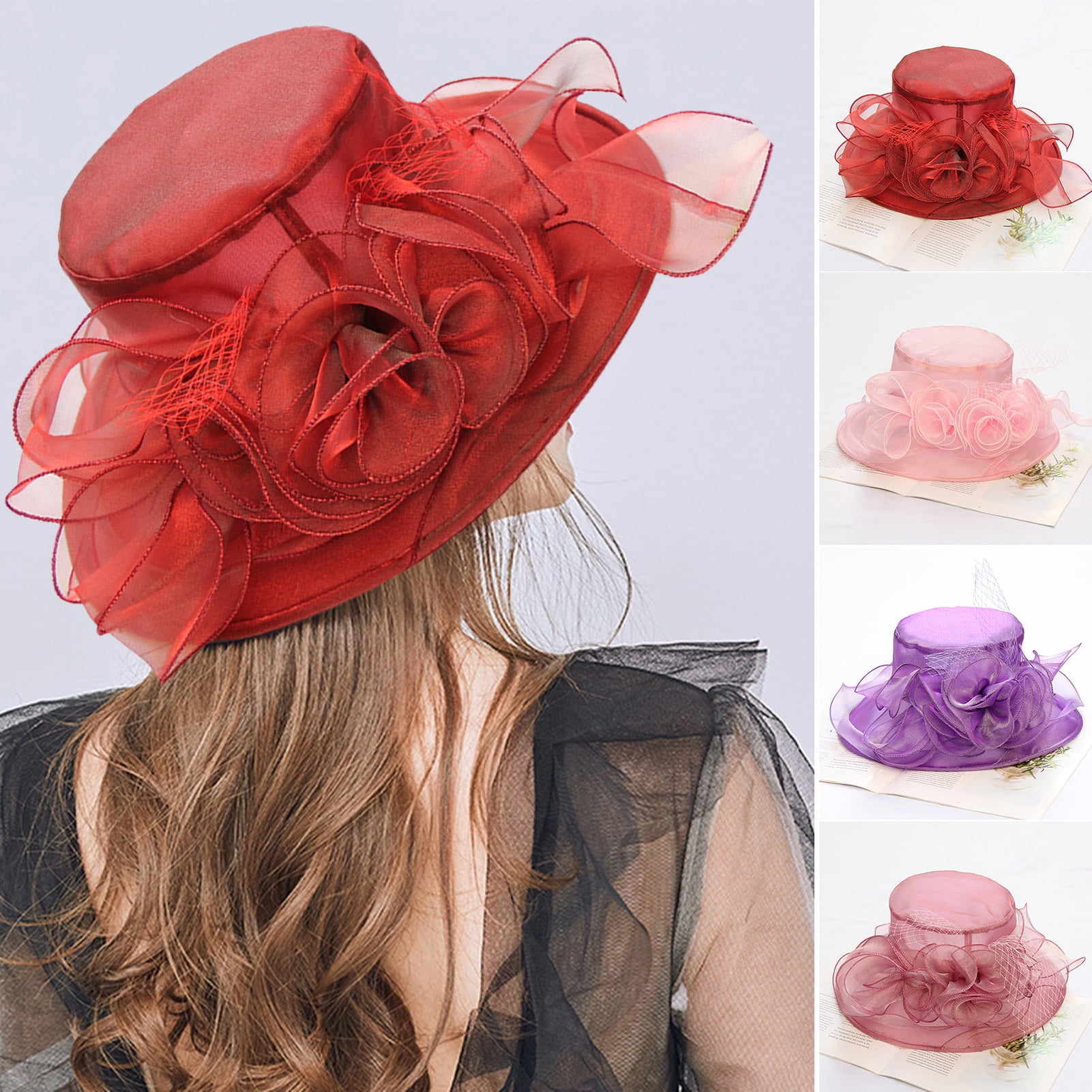 Skinada Women Church Cap Wide Brim Four Flowers Summer Organza Semi ...