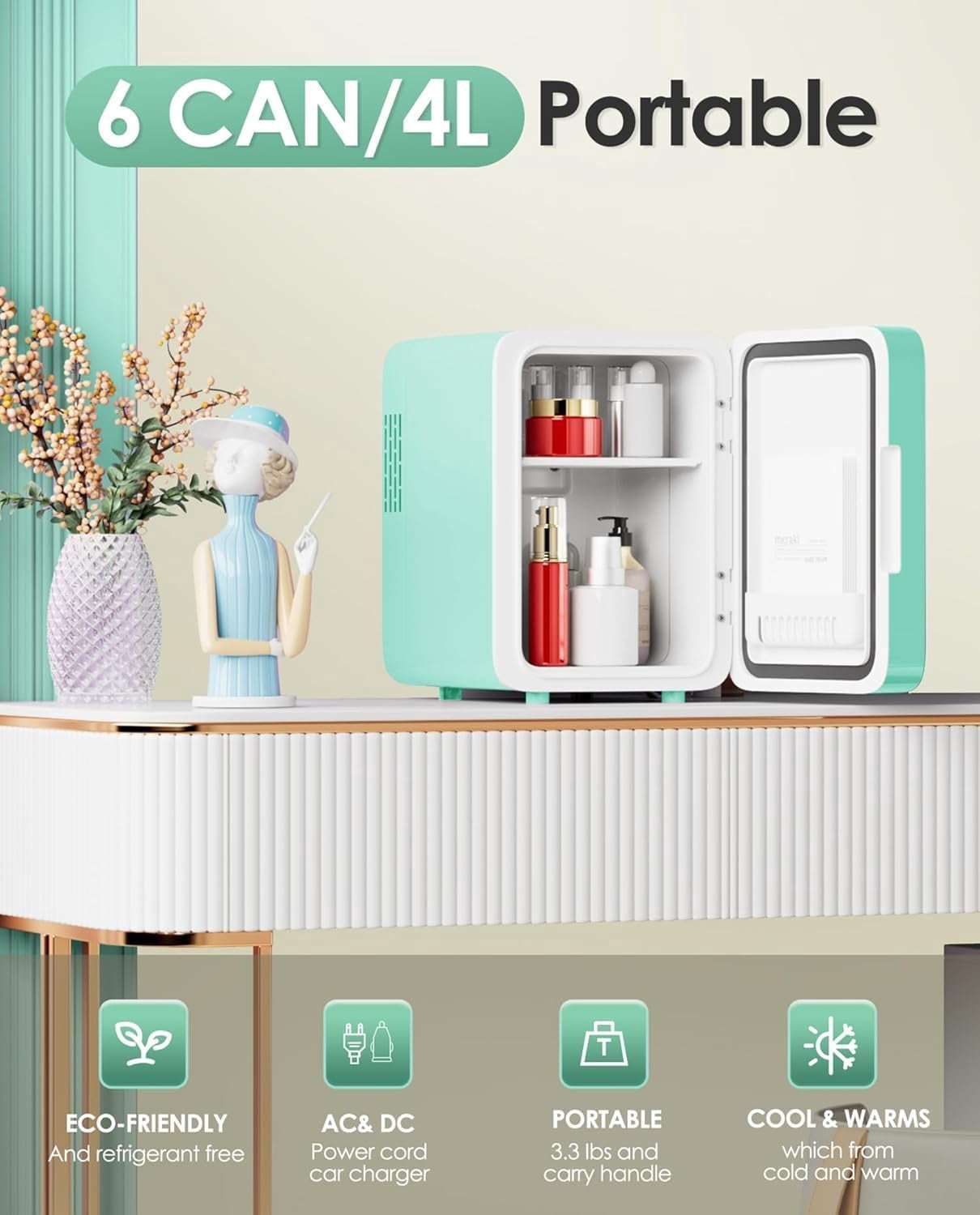 Skincare Fridge with Dimmable LED Light Mirror, 4L Mini Fridge For ...
