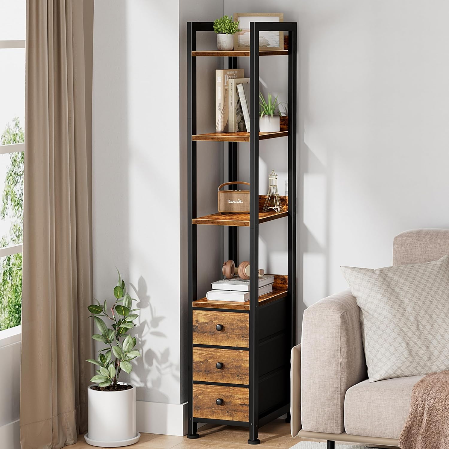 Skinny Bookshelf for Narrow Spaces - Small Book Shelf with Drawers 4 ...