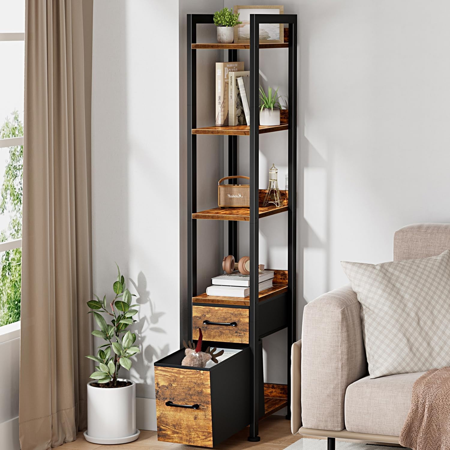Skinny Bookshelf for Small Spaces - 5 Tier Thin Book Shelf ， 2 Fabric ...