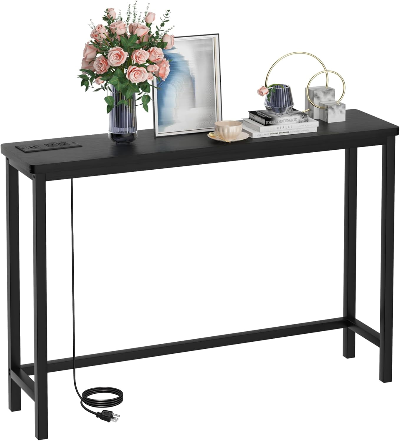 Skinny Hallway Table with Power Outlet and USB Ports, 39" Narrow Bamboo ...