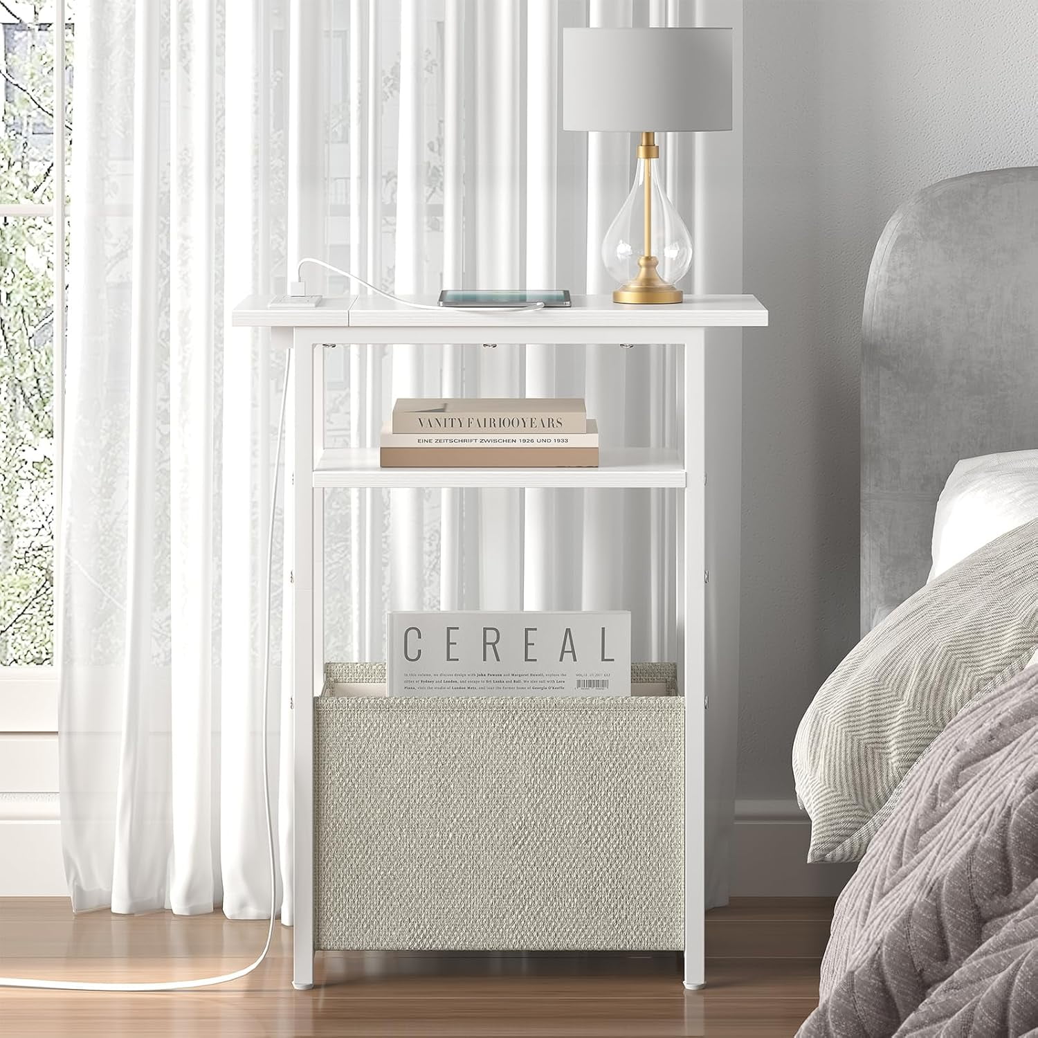 Skinny Nightstand with Charging Station + Built-In Storage Basket ...