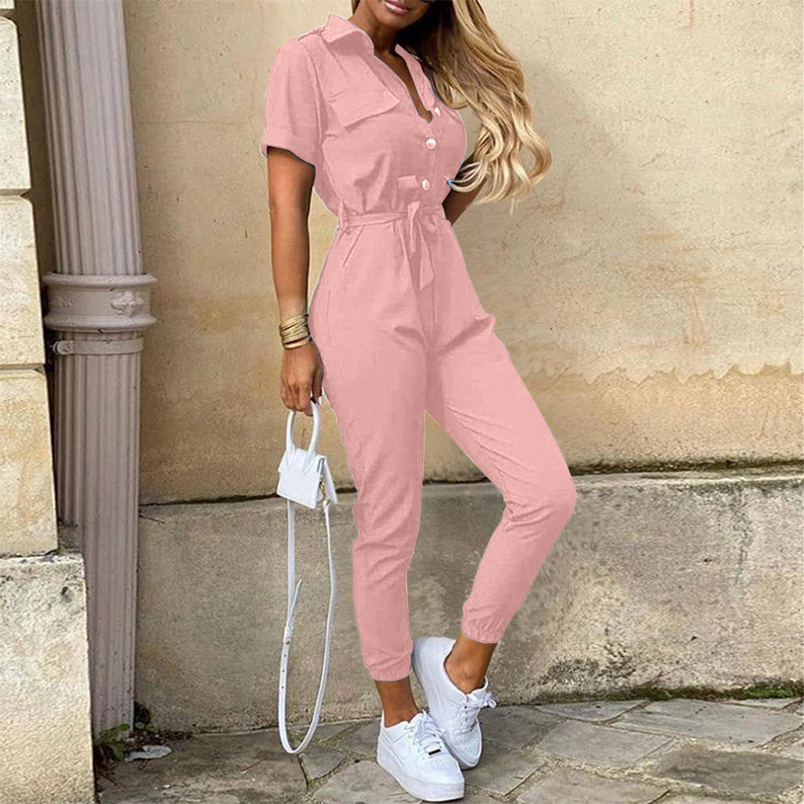 Skinny Slim Fit Solid Color V-Neck Short Sleeve Rompers,Women Overalls ...