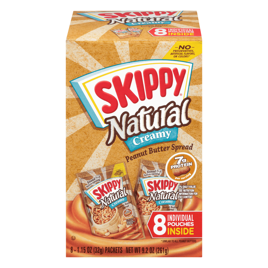 Skippy Natural Creamy Peanut Butter Spread, Individual Squeeze Packs, 8 ...