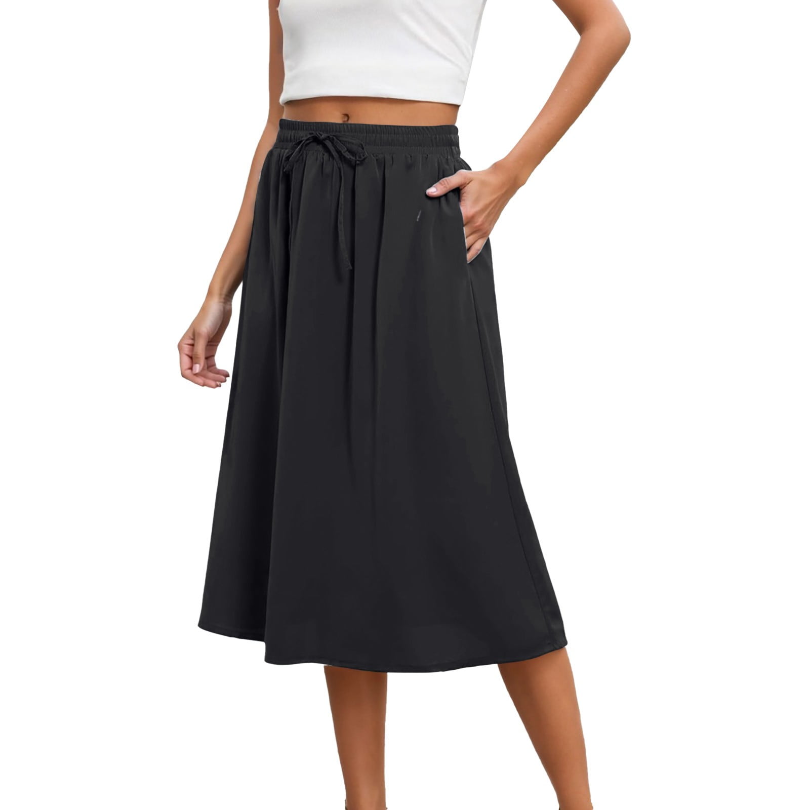 Skirts For Women Summer Solid Color Mid Length Elastic High Waisted ...