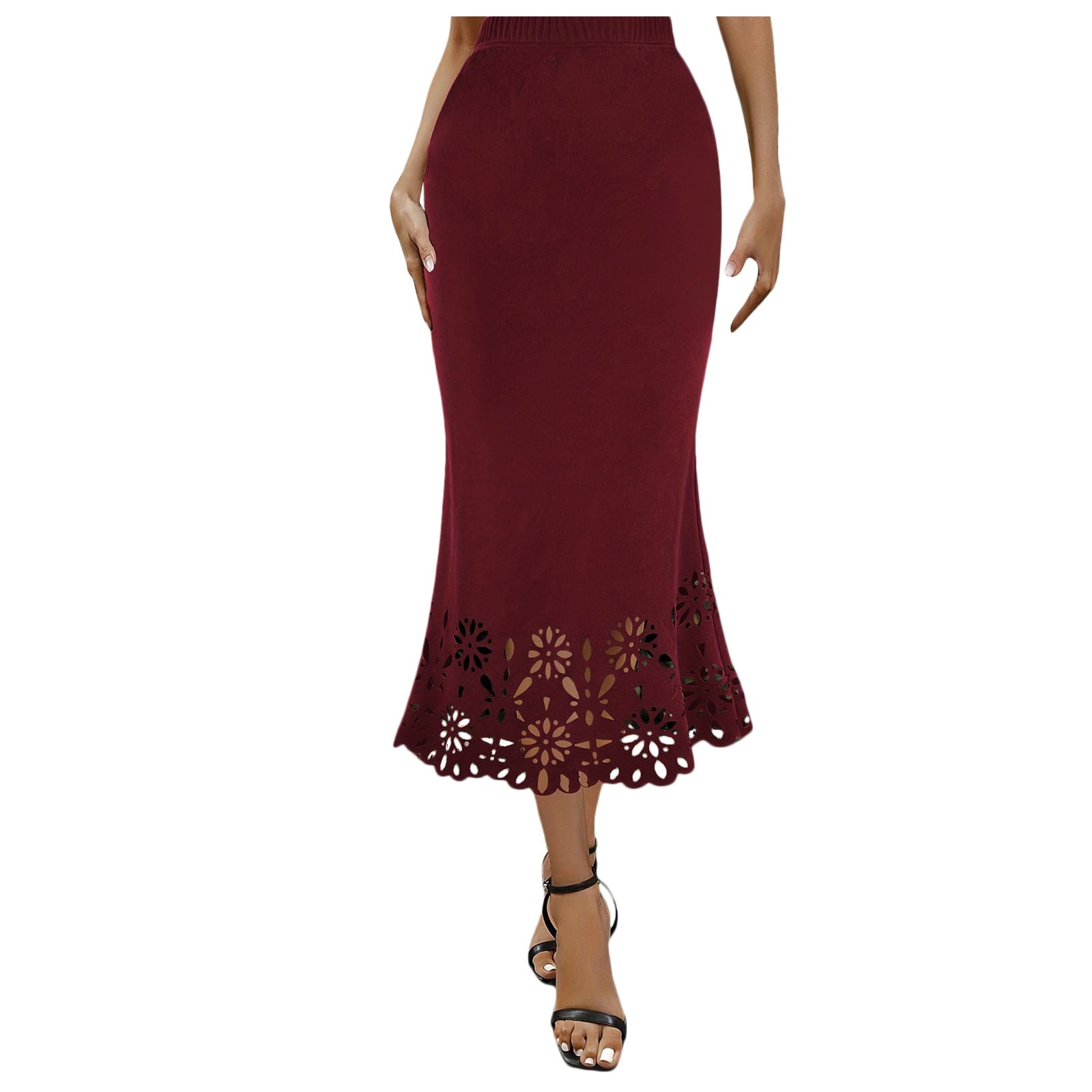 Skirts for Women Fashion Solid Skirt Elastic Waist Slim Hollow A Shaped ...