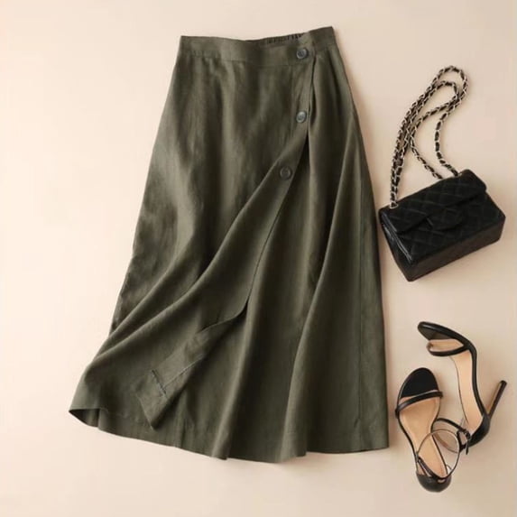 Skirts for Women, Linen Blend A-Line Midi Skirt, Button Front Wrap ...