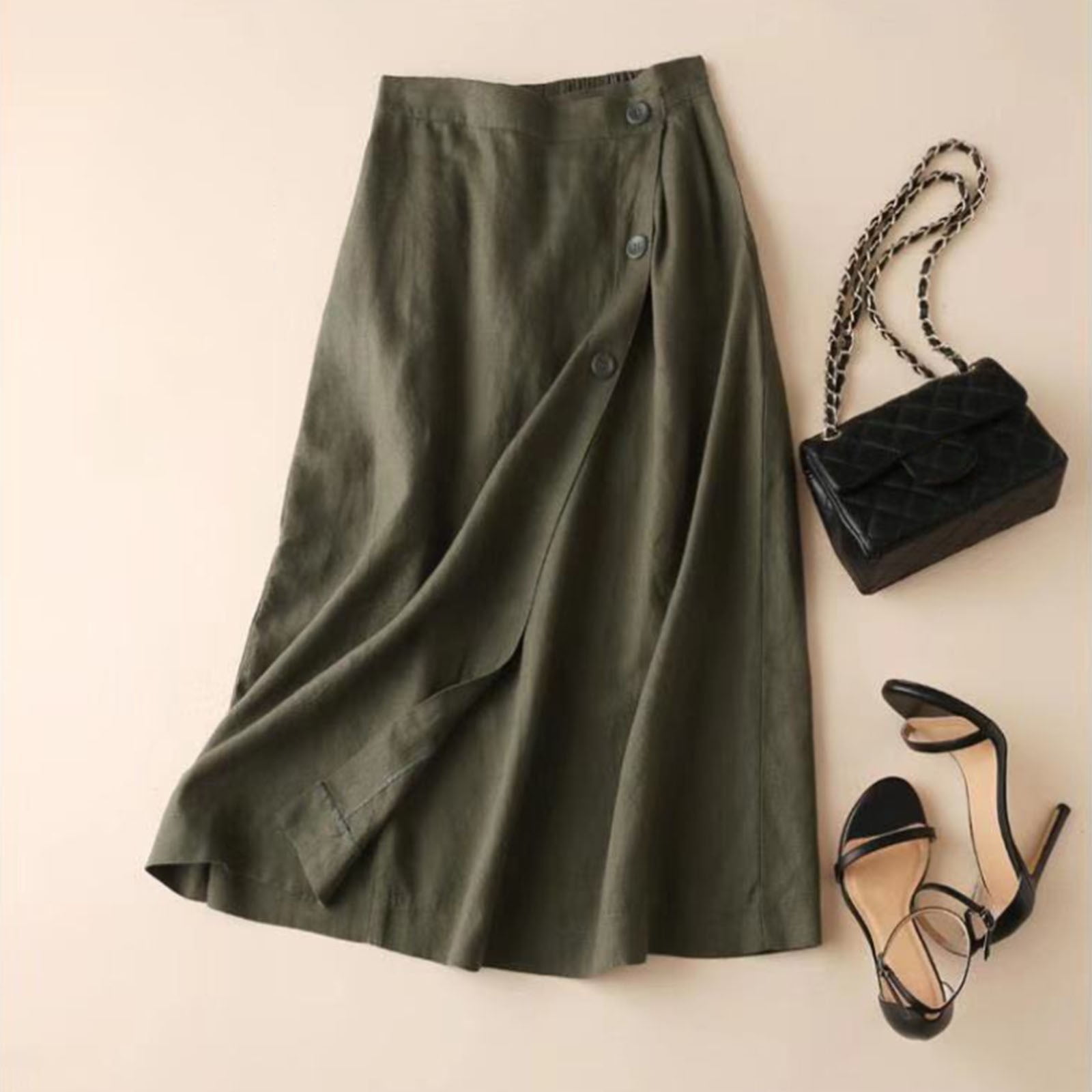 Skirts for Women, Linen Blend A-Line Midi Skirt, Button Front Wrap ...