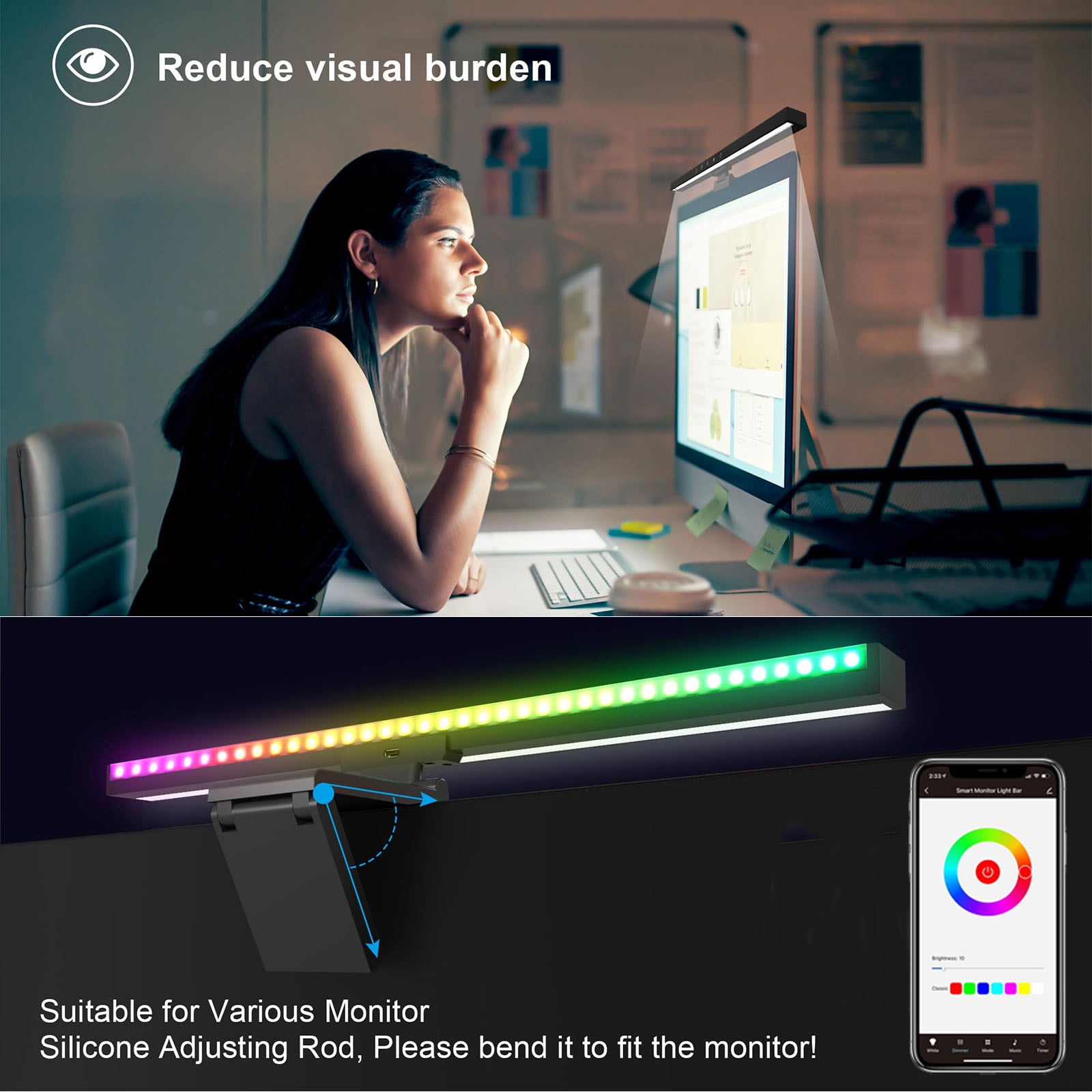 Skksst LED Computer Monitor Light Bar Touch / App Control Screen E ...